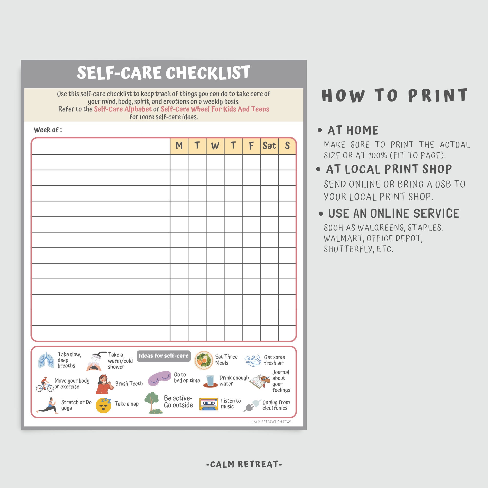 Self-care Checklist Worksheet Kids Teens Young Adults, Mental Health ...
