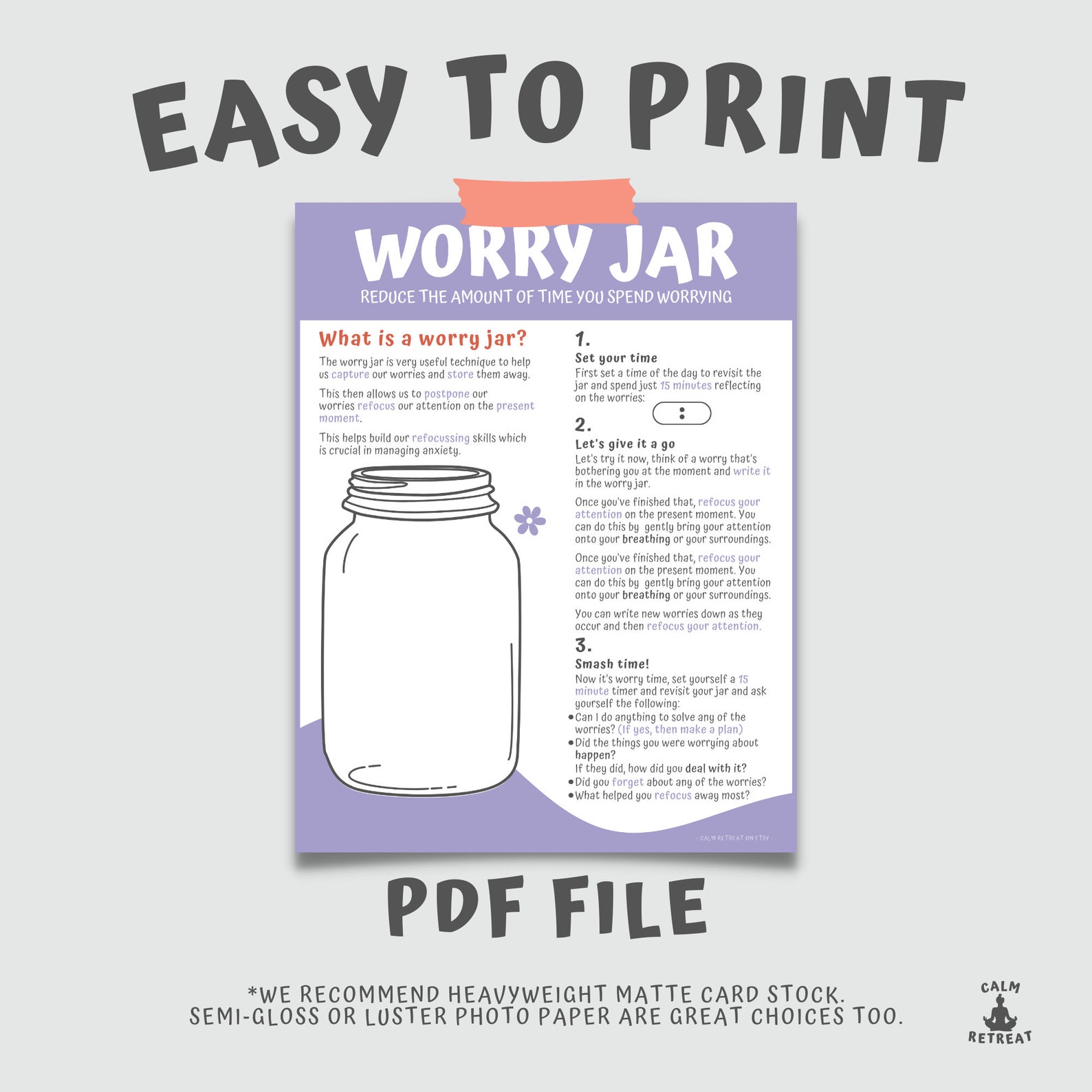 Worry Jar Handout - Anxiety Management Technique - Refocussing Skills ...