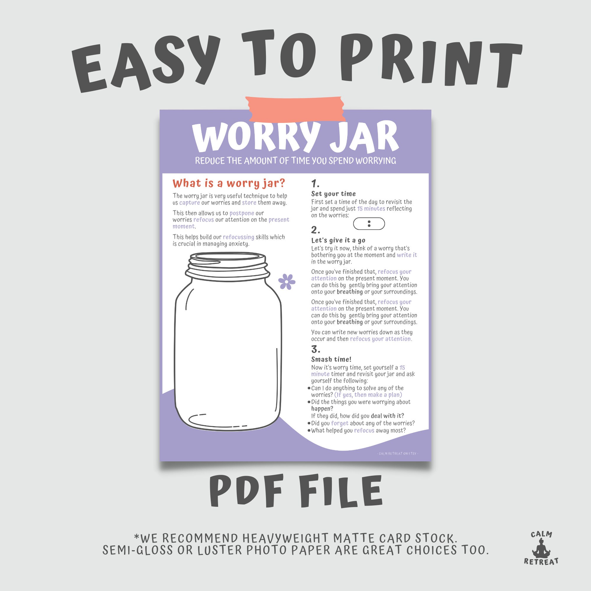 Worry Jar Handout - Anxiety Management Technique - Refocussing Skills ...