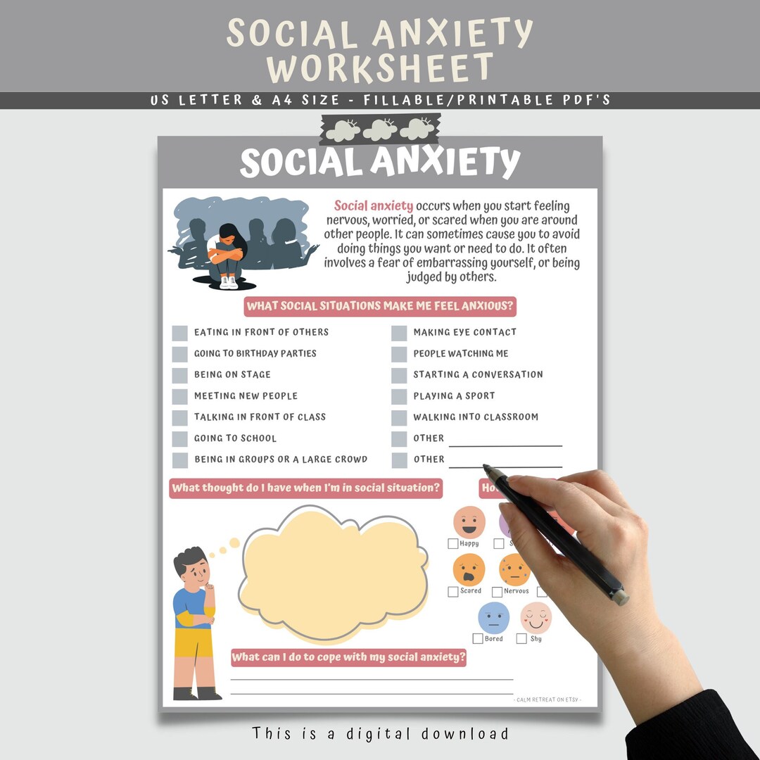 Social Anxiety Fillable Worksheet for Kids & Teens, Social Skills Group ...