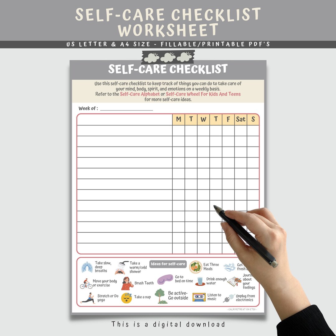 Self-care Checklist Worksheet Kids Teens Young Adults, Mental Health ...
