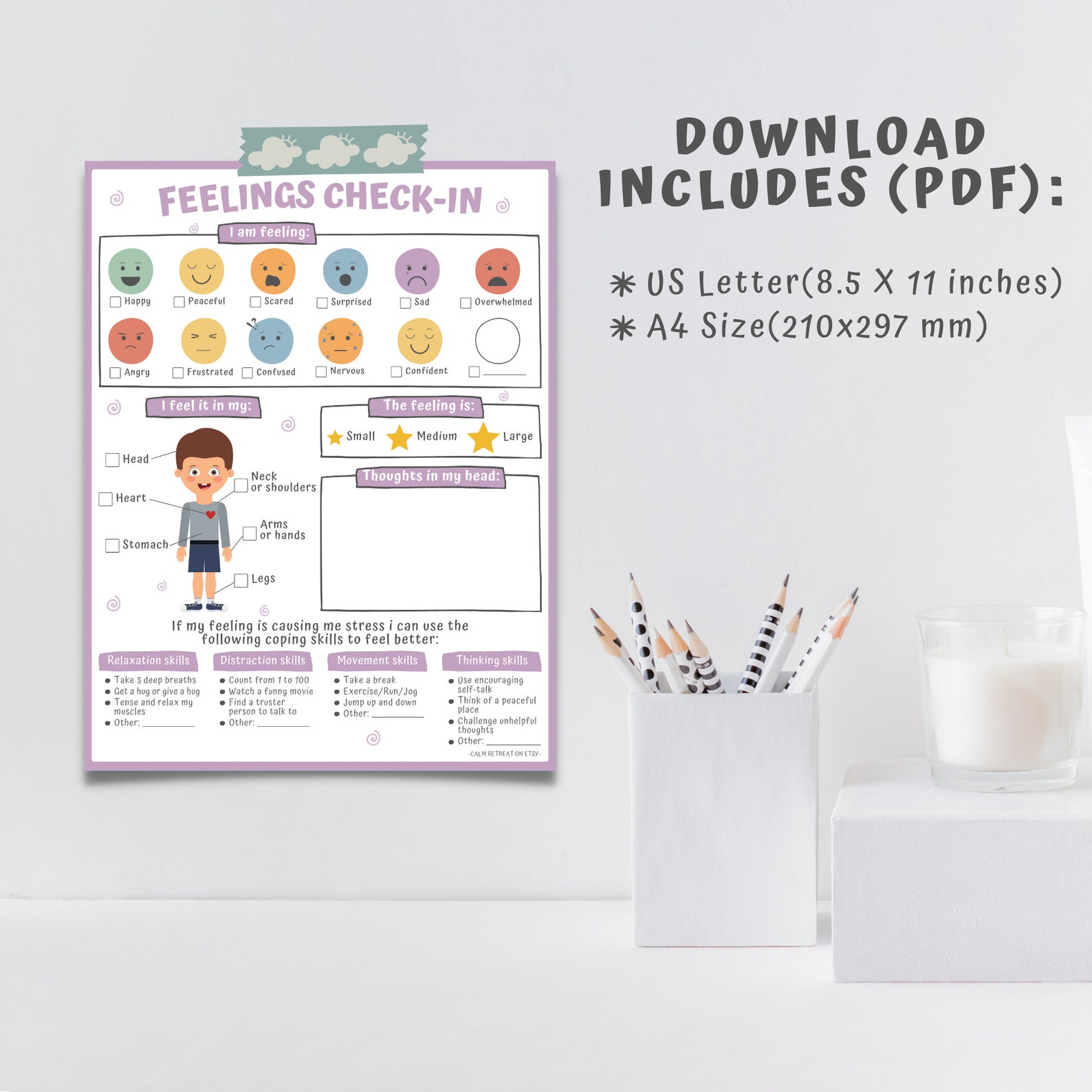 Feelings Check-in Worksheet for Kids: Emotions Emojis, SEL Therapy (PDF ...