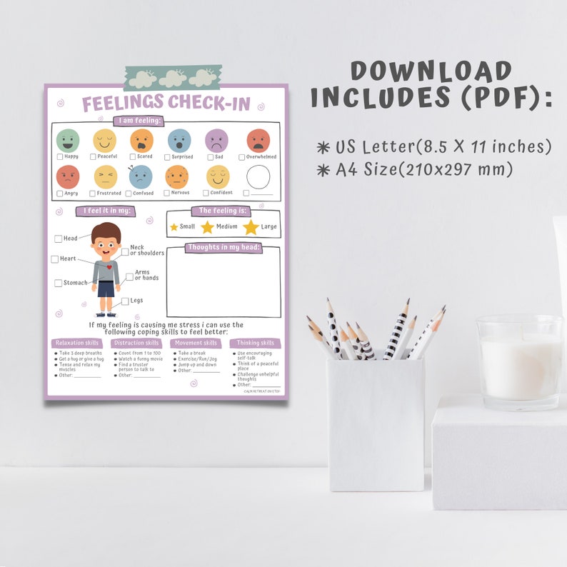 Feelings Check-in Worksheet for Kids: Emotions Emojis, SEL Therapy (PDF ...