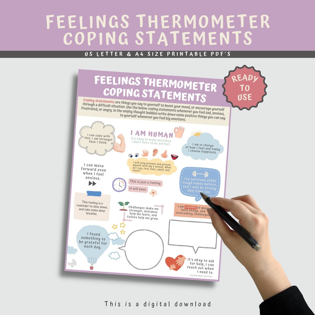 Feelings Thermometer Coping Statements, Coping Skills Worksheets for ...