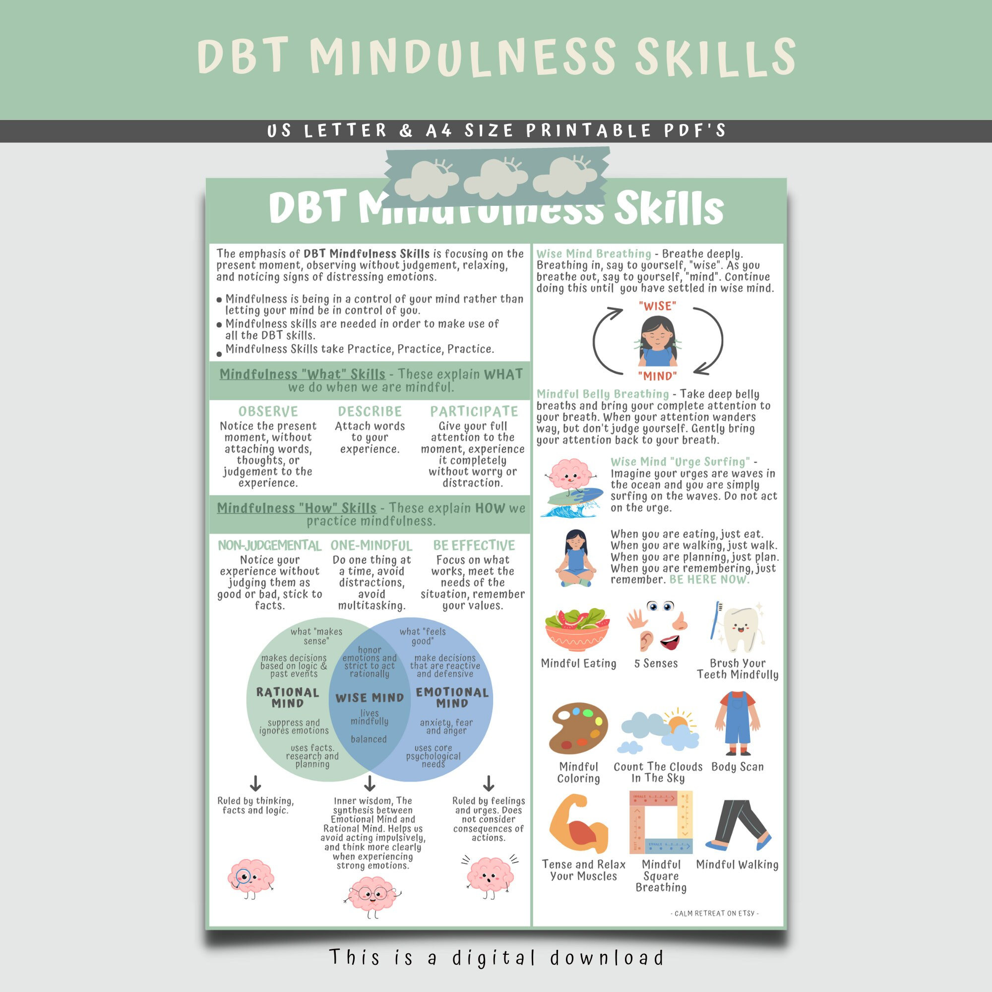 DBT Mindfulness Coping Skills Handout Poster, Therapist Counselor, Wise Mind, Dialectical ...