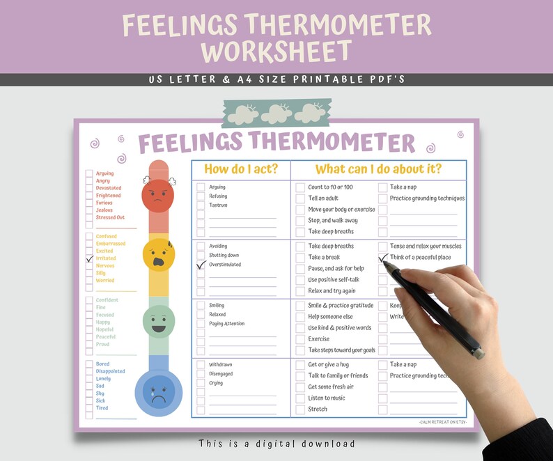 Feelings Thermometer Worksheet, Printable Coping Skills Worksheets for ...