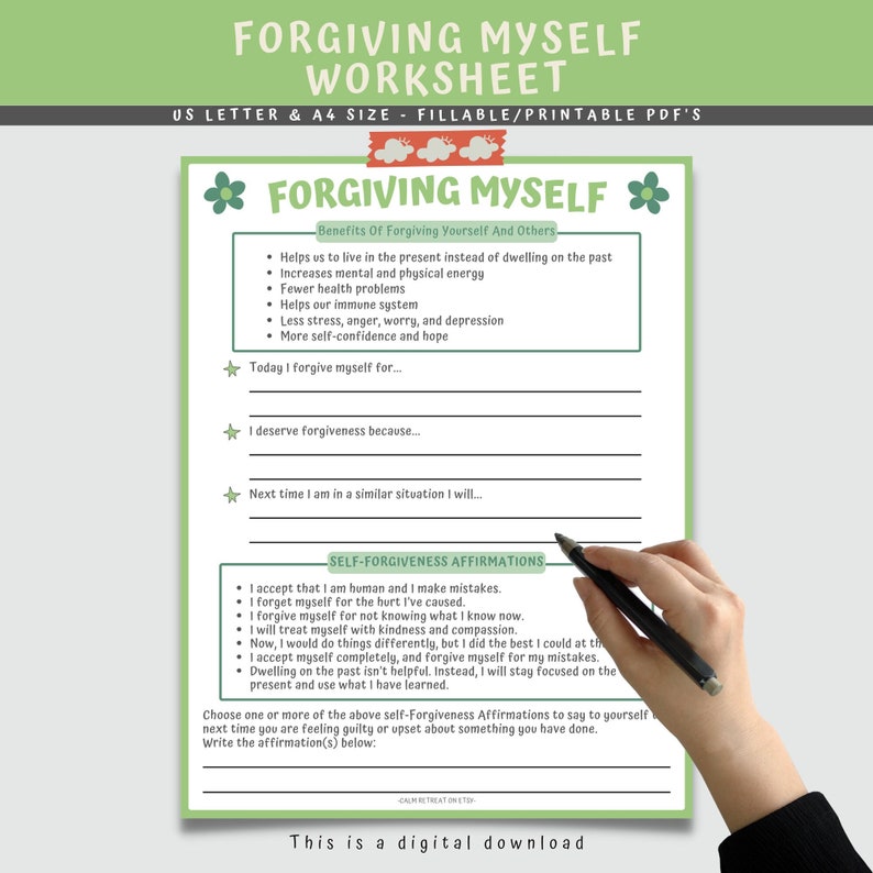 Self-esteem Fillable Worksheet for Kids Teens, Forgiving Myself, Self ...