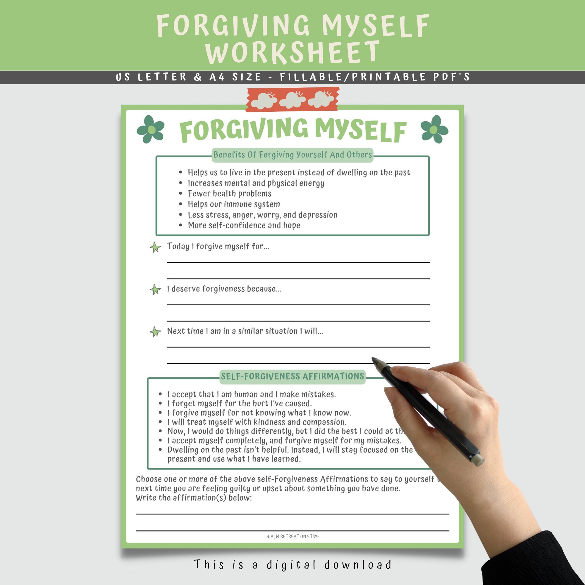 Self-esteem Fillable Worksheet for Kids Teens, Forgiving Myself, Self ...