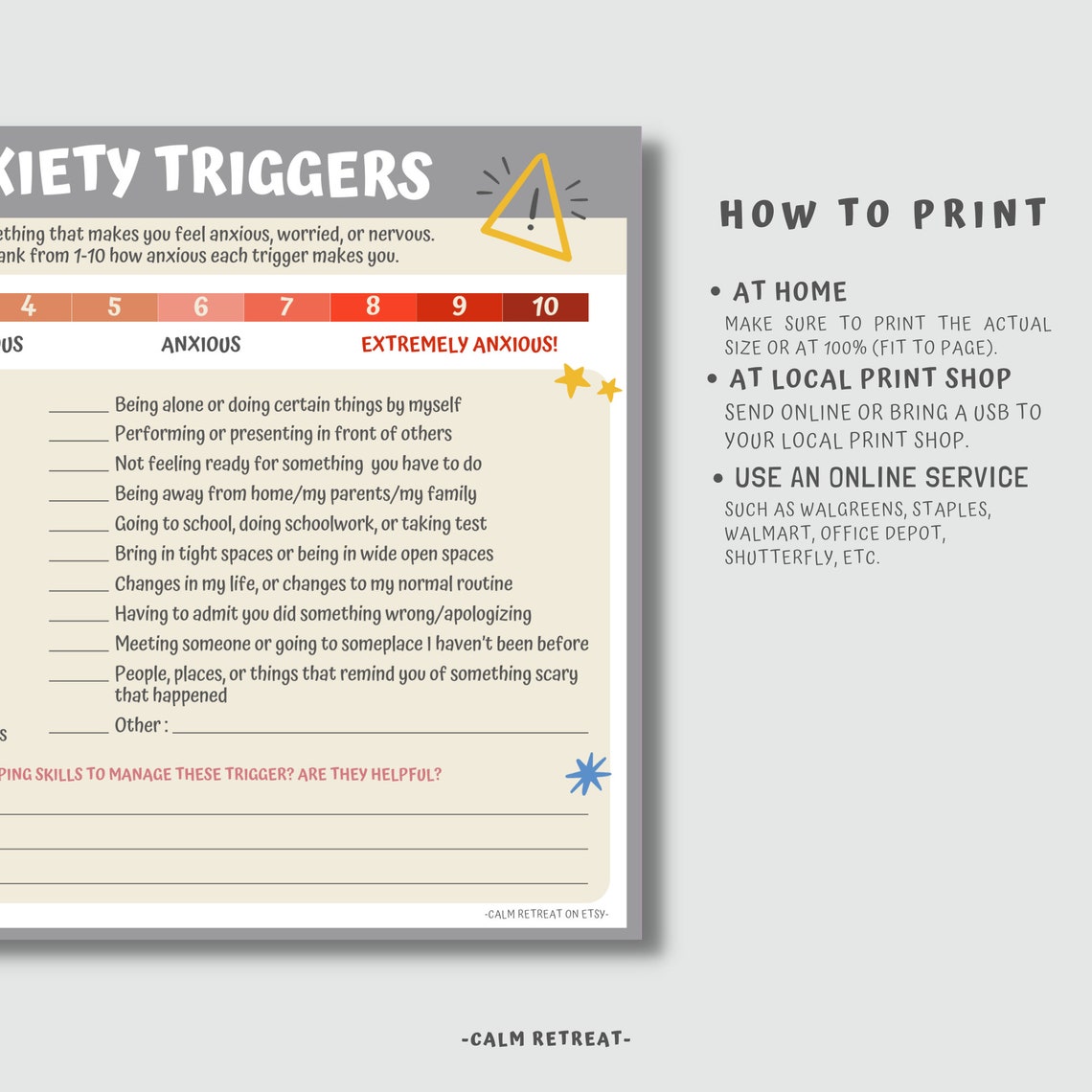 Anxiety Triggers Fillable Worksheet Kids Children With Anxiety - Etsy