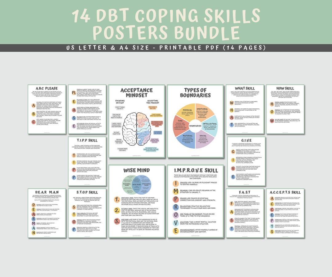 14 DBT Coping Skills Posters, Dialectical Behavior Therapy, Trauma ...