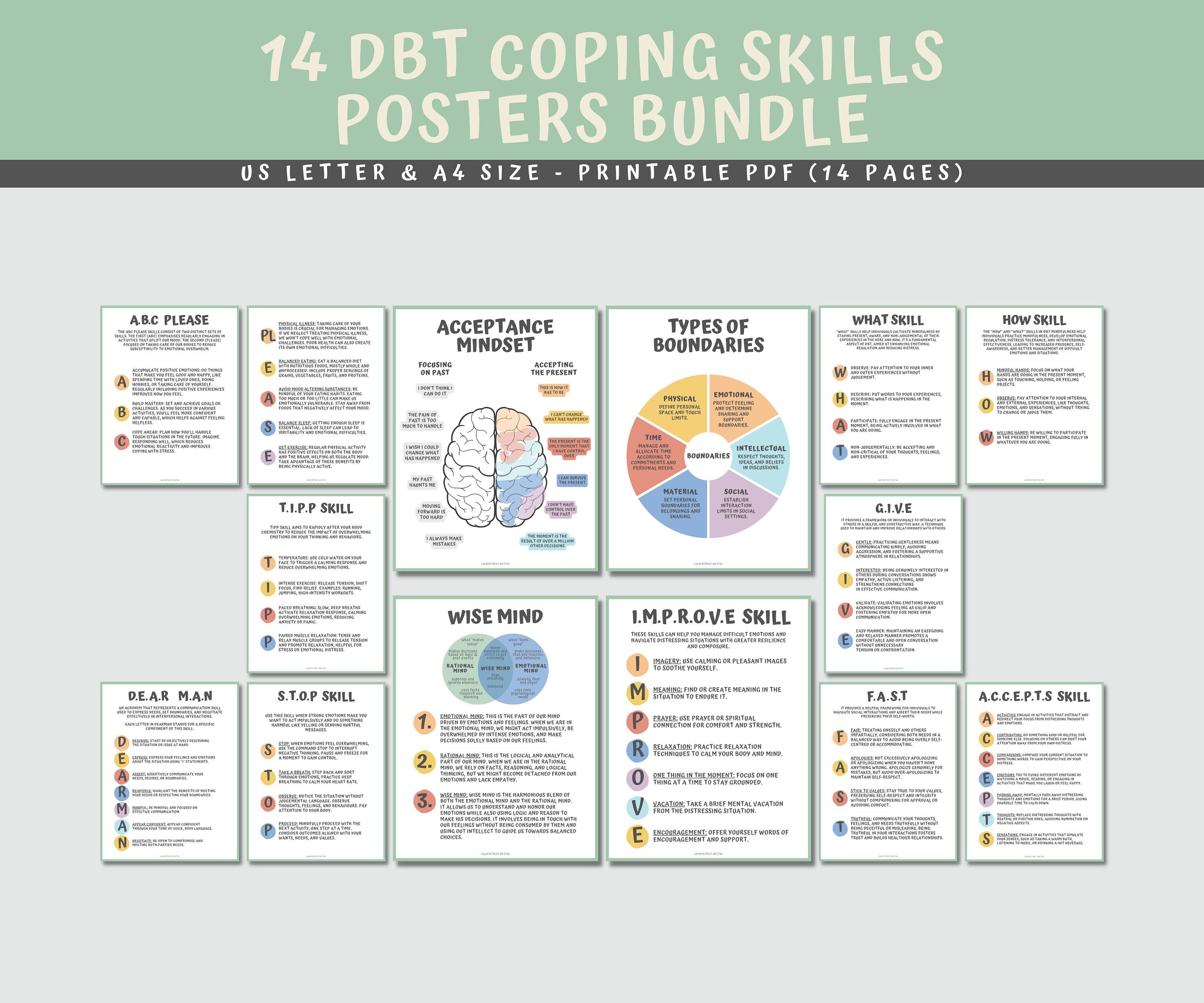 14 DBT Coping Skills Posters, Dialectical Behavior Therapy, Trauma ...