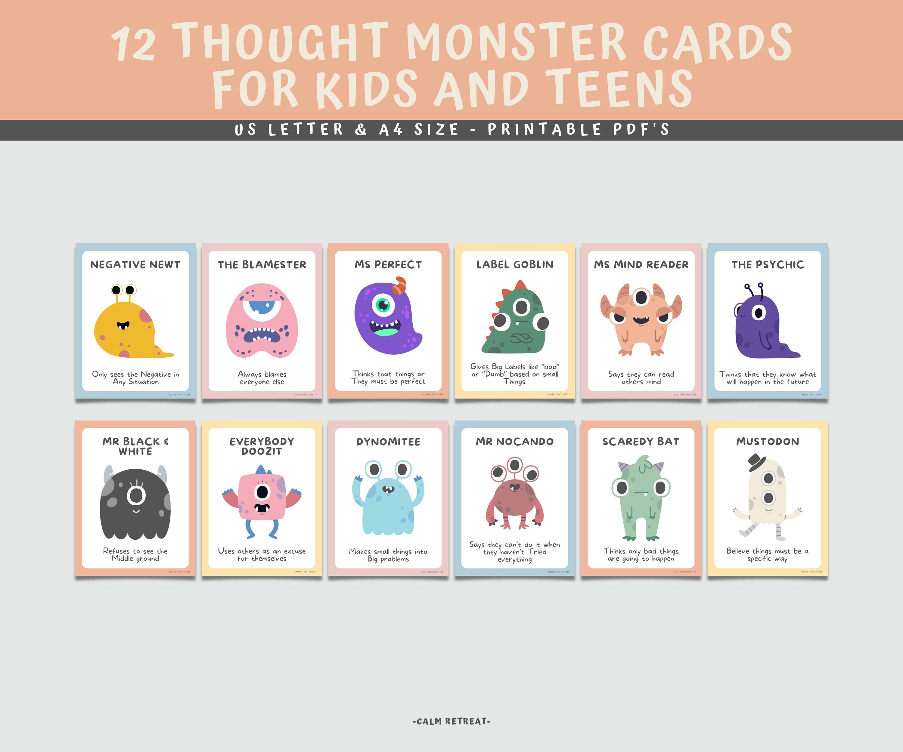 Thinking Trap Cards for Kids and Teens, 12 Thought Monsters Flashcard ...