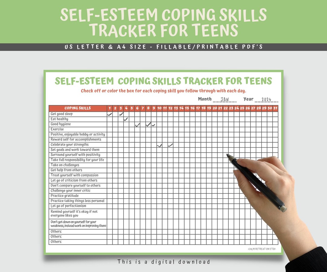 Coping Skills Tracker for Teens, Worksheet for Kids Teens, Growth ...