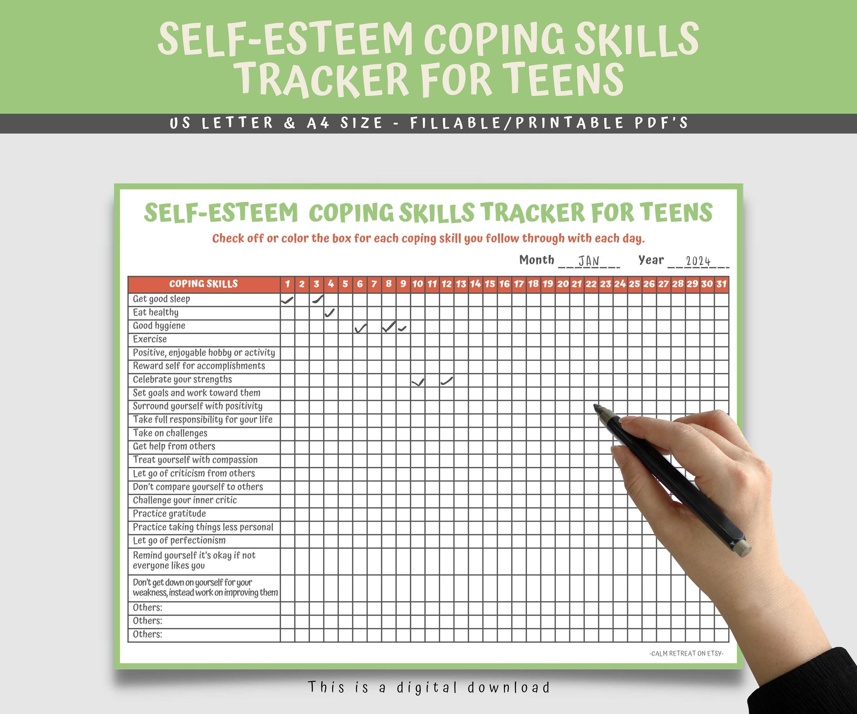 Coping Skills Tracker for Teens, Worksheet for Kids Teens, Growth ...