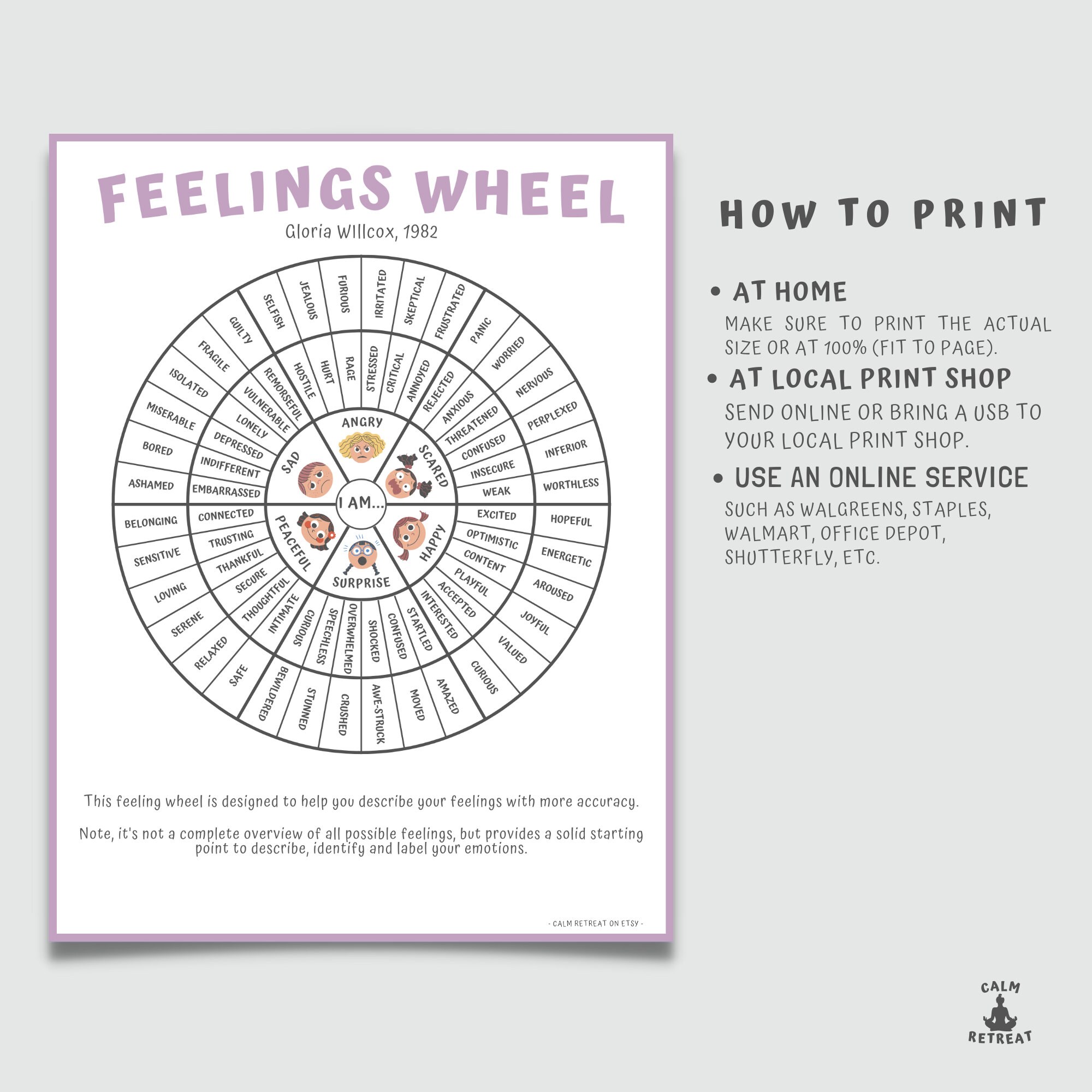 Feelings Wheel Handout: Mental Health Poster for Kids & Teens (digital ...