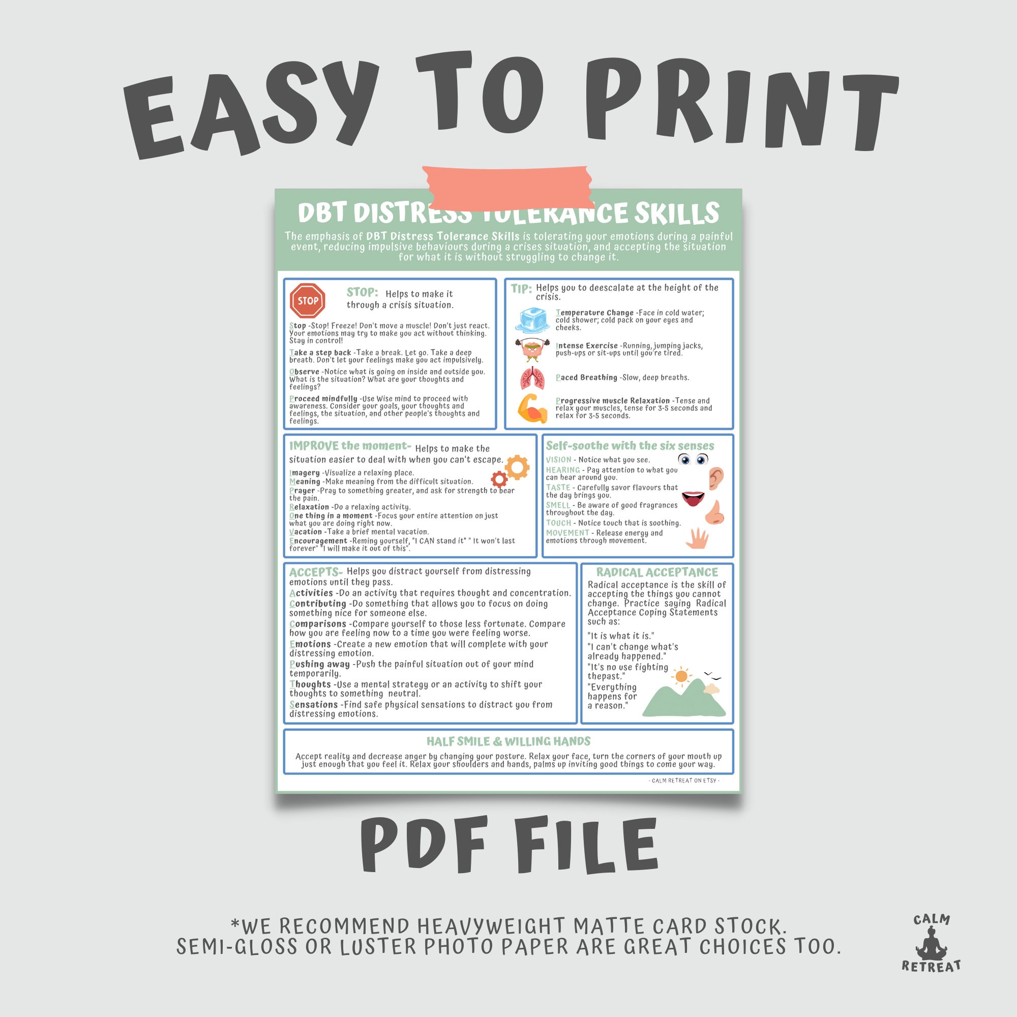 DBT Distress Tolerance Coping Skills Handout Poster, Dialectical ...