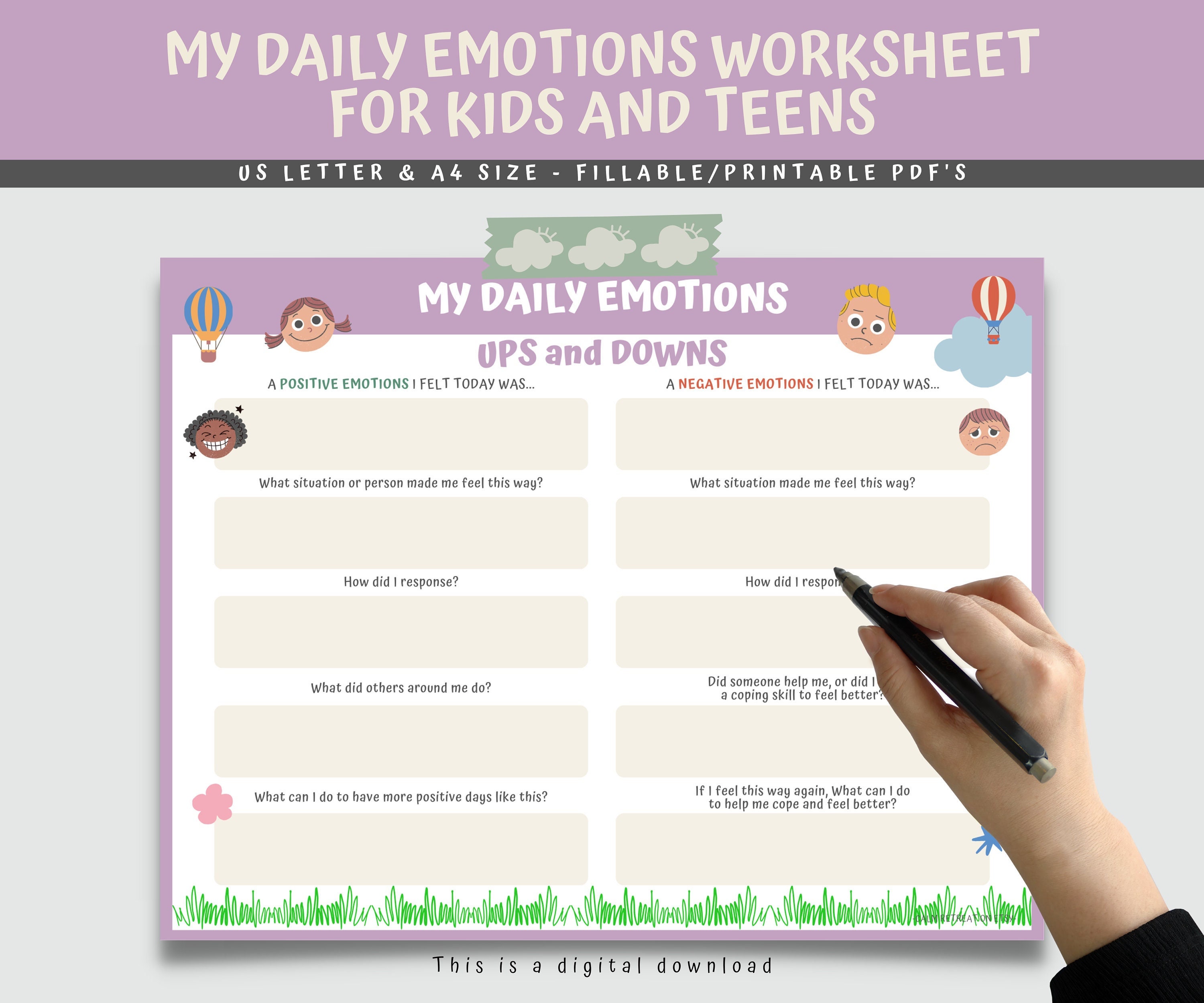 Daily Emotions Worksheet, Coping Skills Worksheets for Kids, Social ...