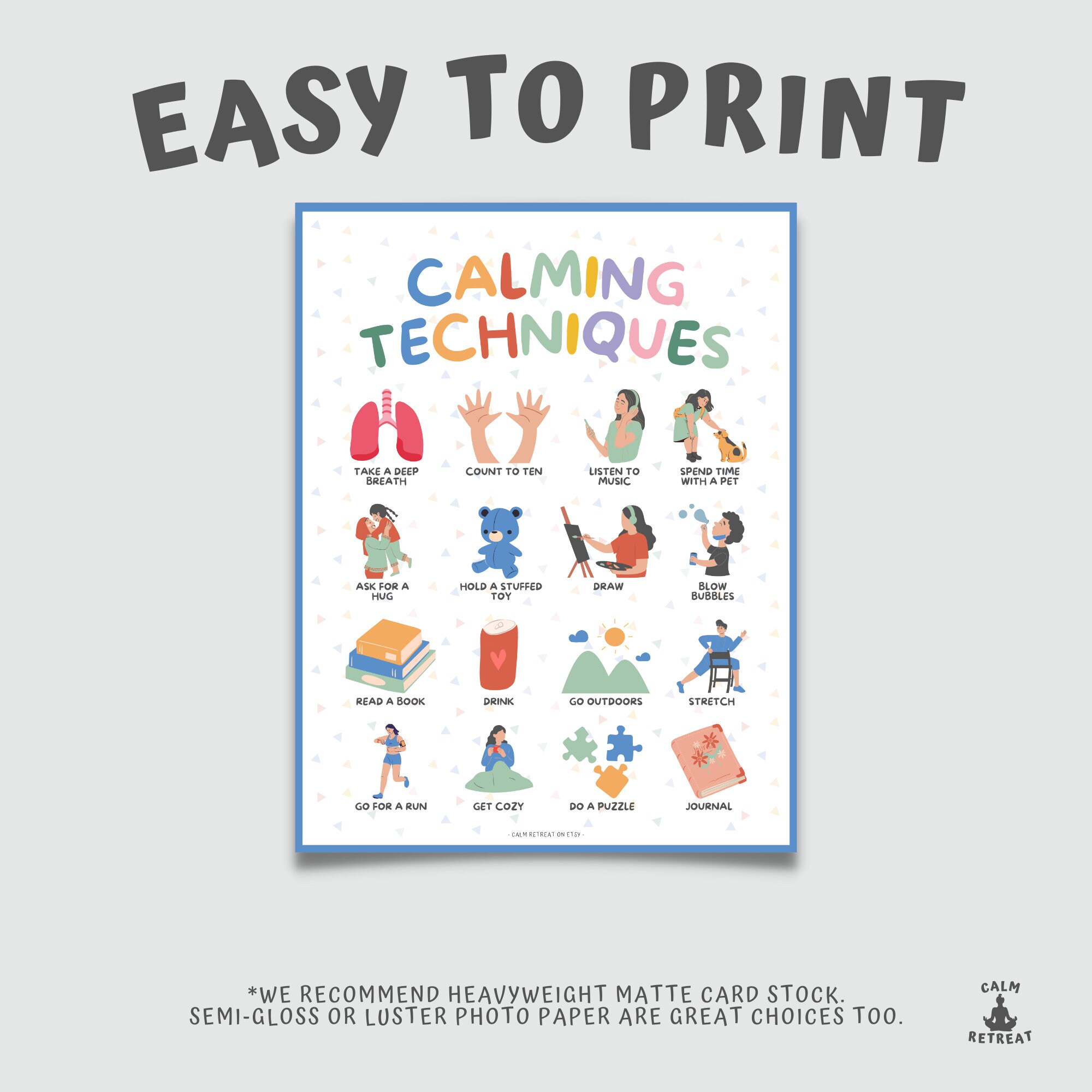 Calming Techniques Poster, Coping Techniques Wall Art for Kids, Calm ...