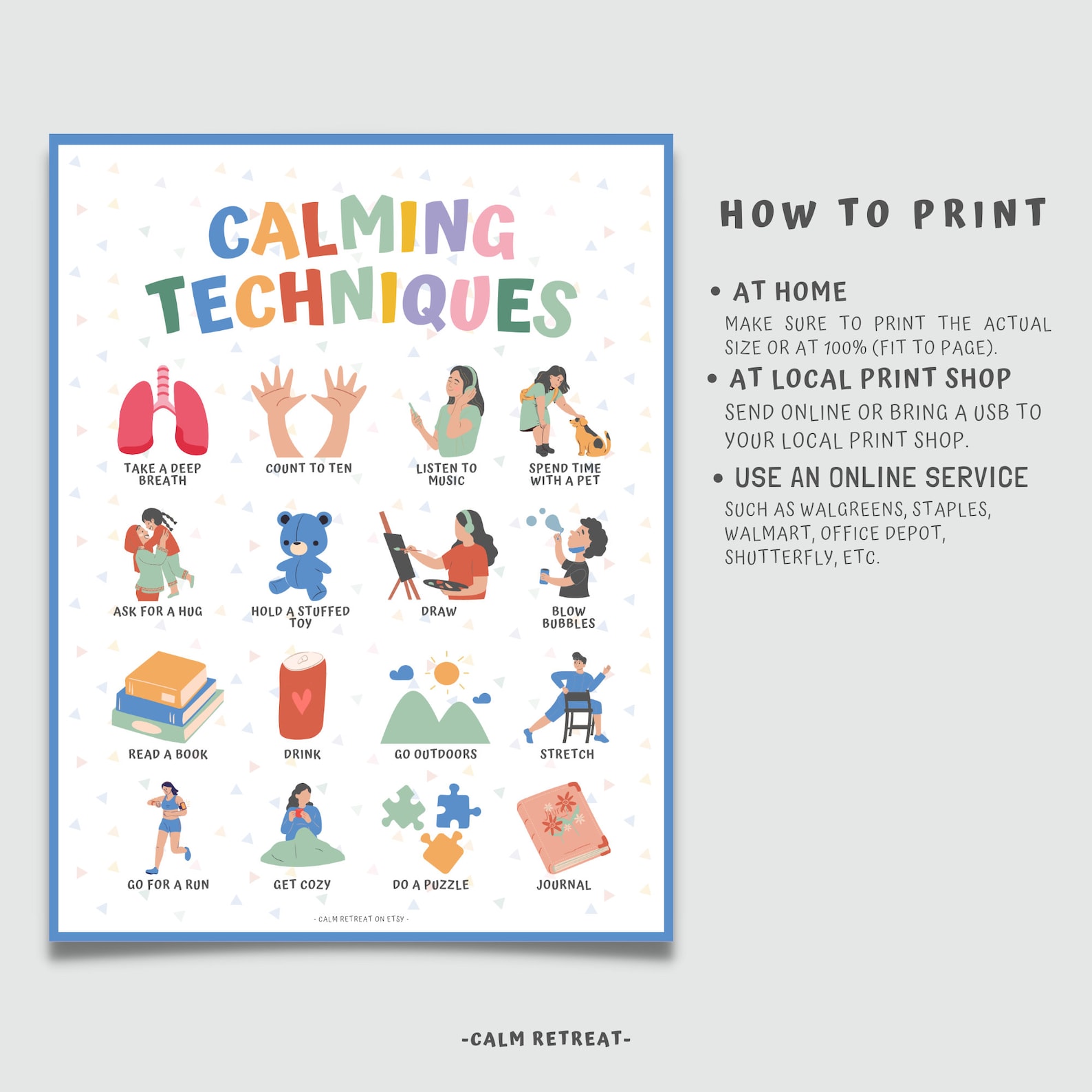 Calming Techniques Poster, Coping Techniques Wall Art for Kids, Calm ...
