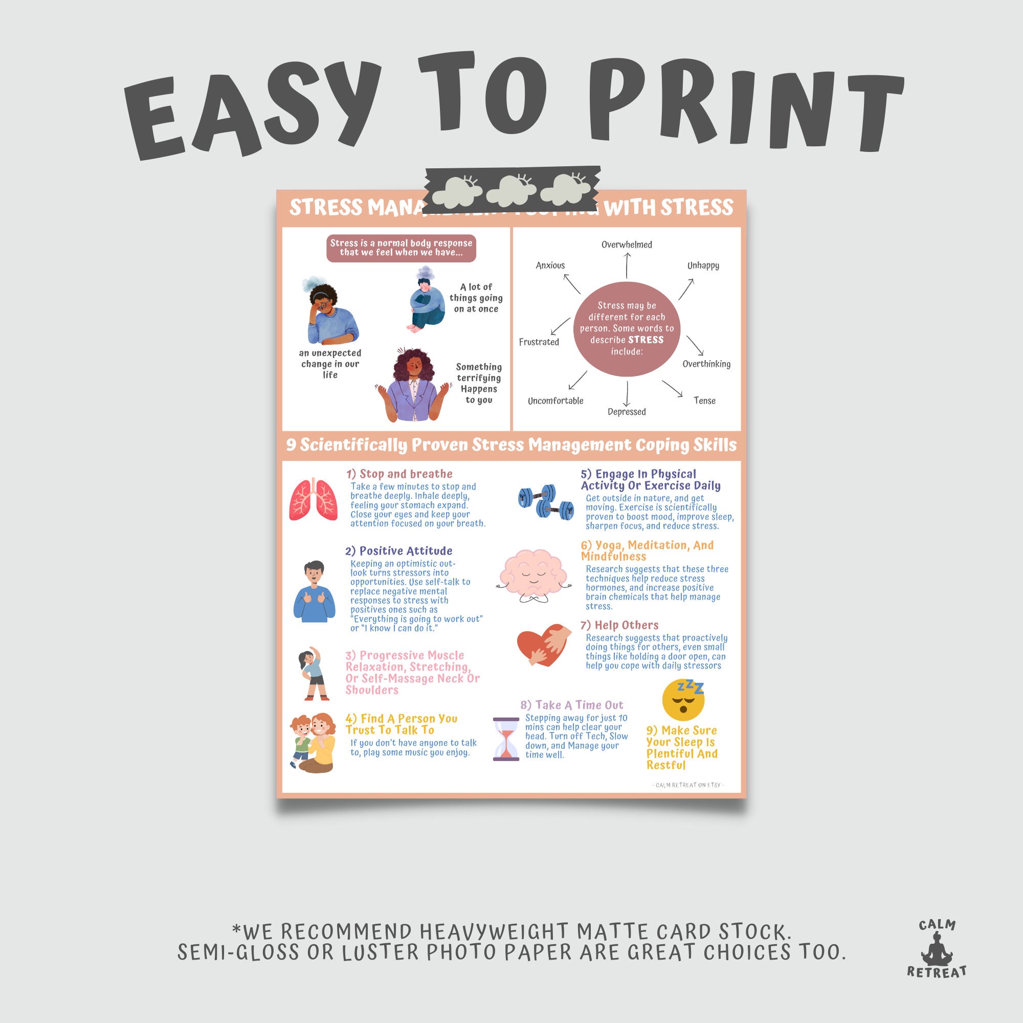 Stress Management Coping Skills Handout: Mental Health Printable (PDF ...