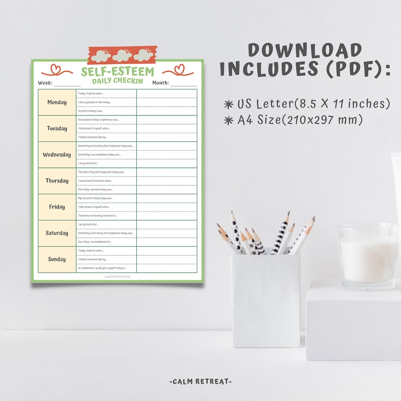Self Esteem Daily Checkin Printable Fillable Worksheet for Kids and ...