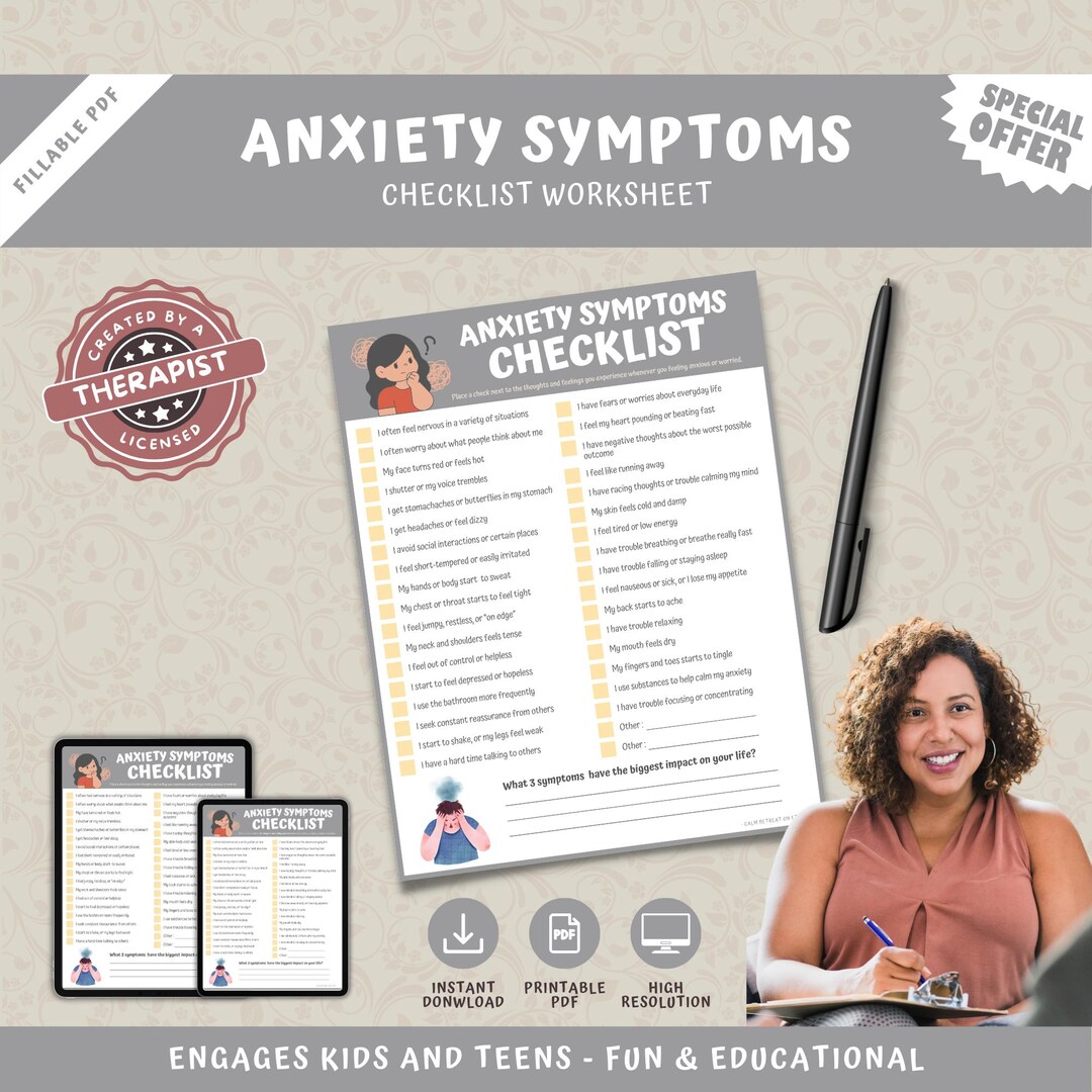 Anxiety Symptoms Checklist Worksheet for Teens & Kids (digital Download ...