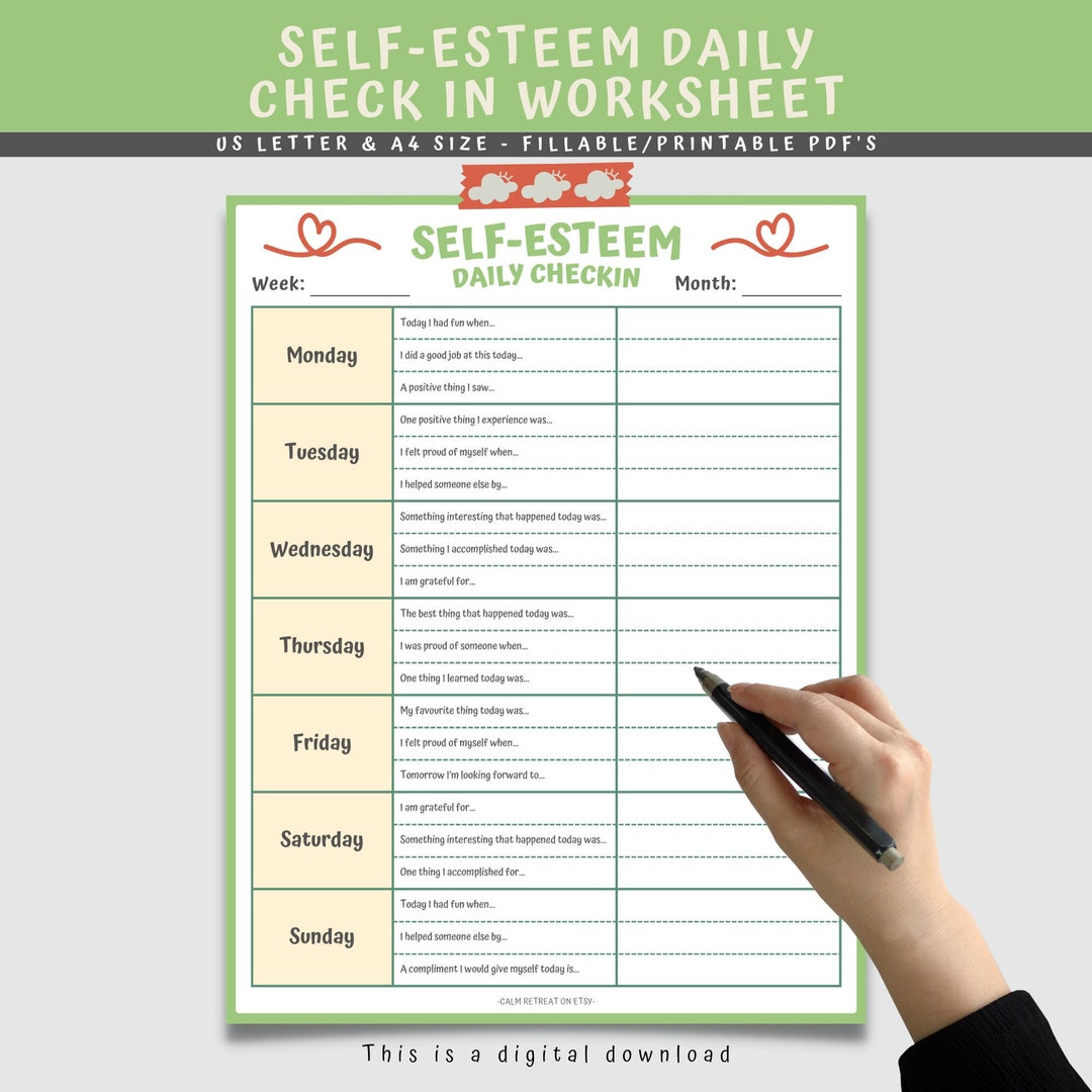 Self Esteem Daily Checkin Printable Fillable Worksheet for Kids and ...