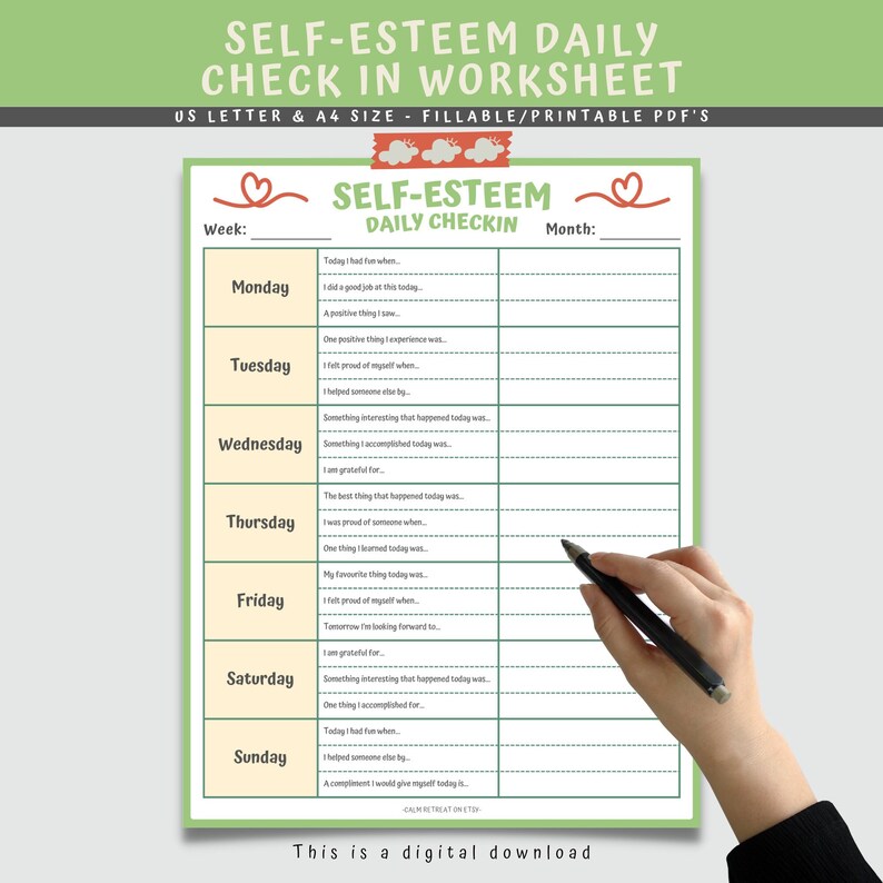 Self Esteem Daily Checkin Printable Fillable Worksheet for Kids and ...