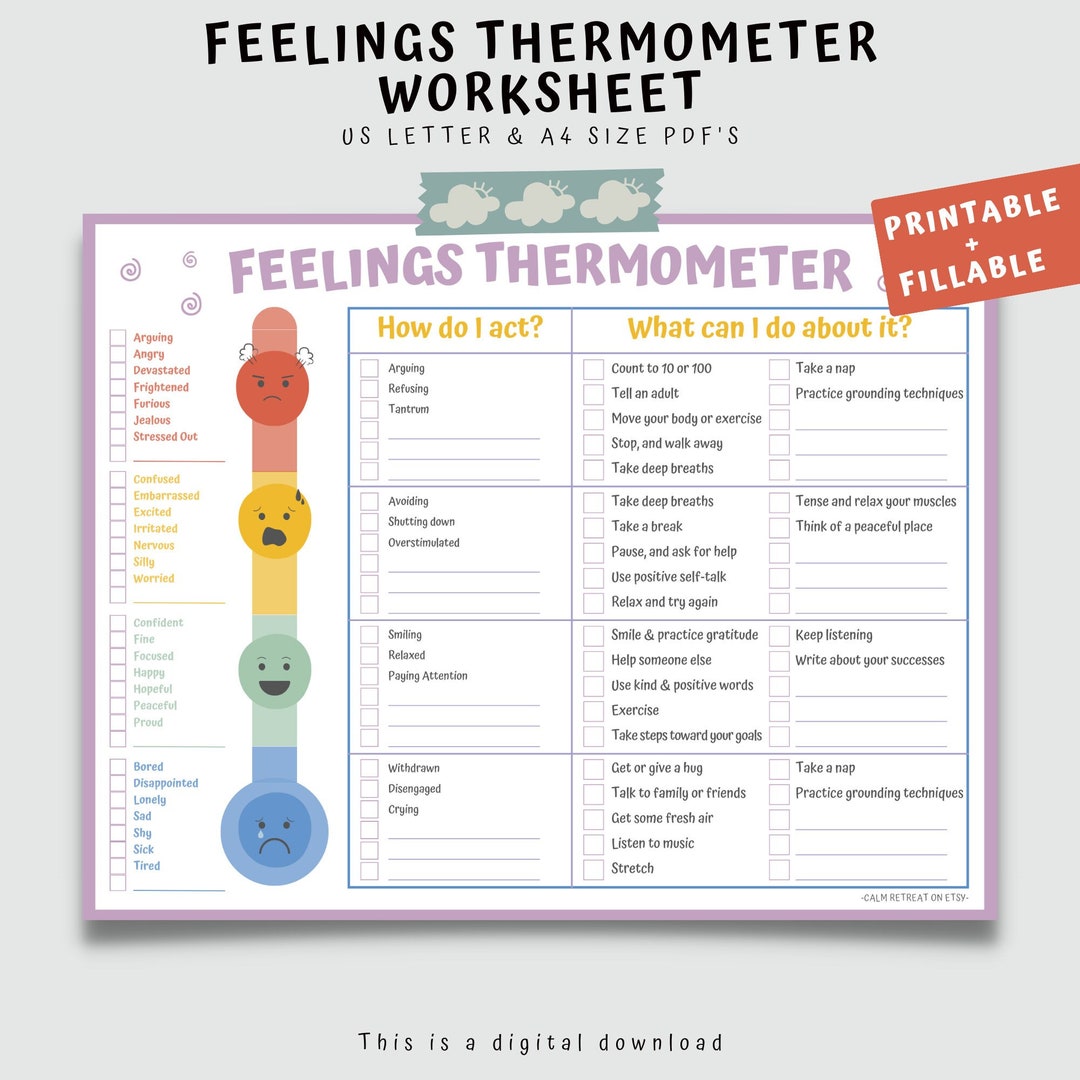 Feelings Thermometer Worksheet Printable Coping Skills - Etsy