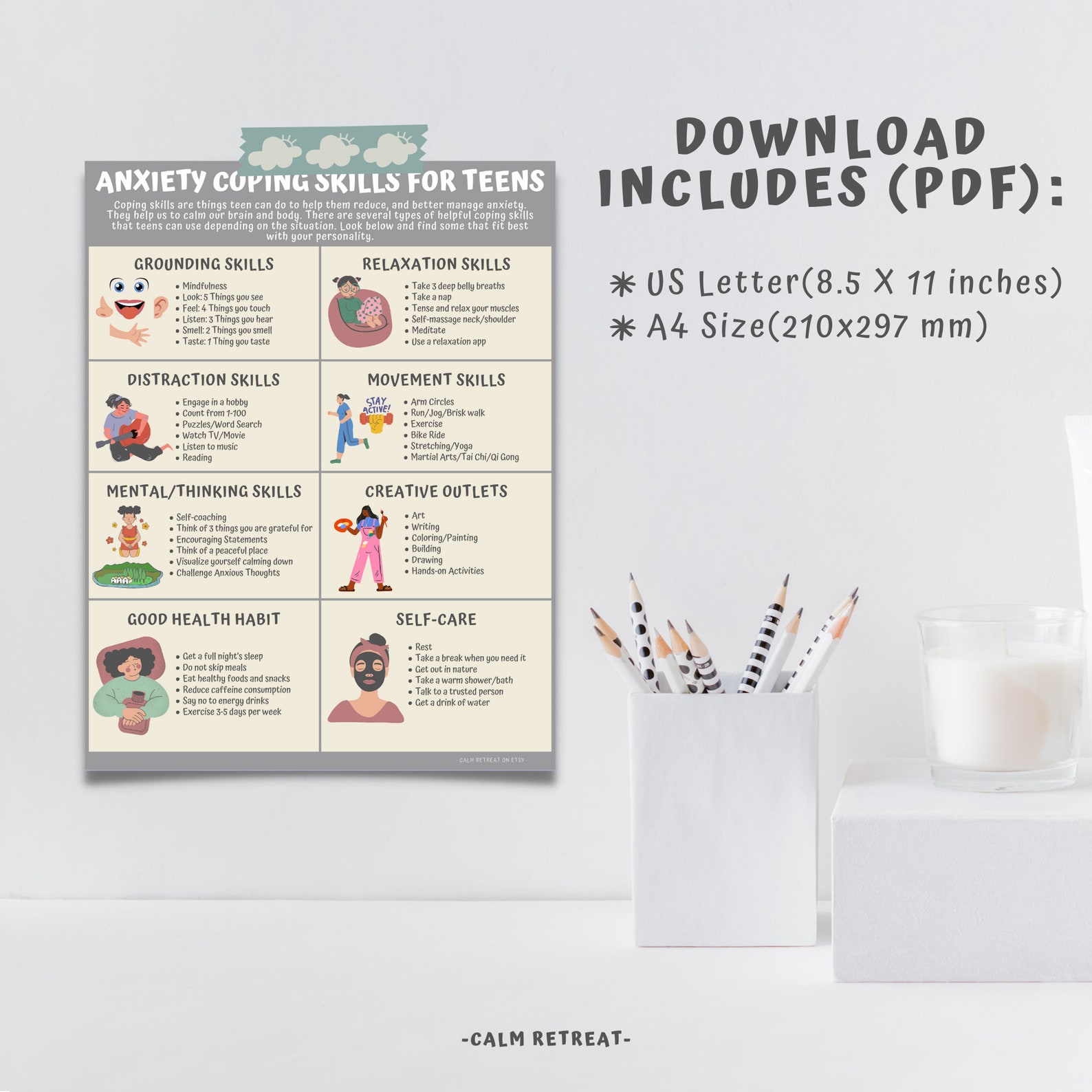 Anxiety Coping Skills Handout for Teens: Calming Techniques (digital ...