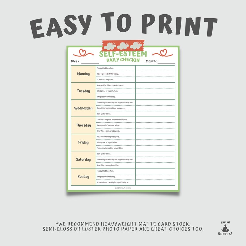 Self Esteem Daily Checkin Printable Fillable Worksheet for Kids and ...