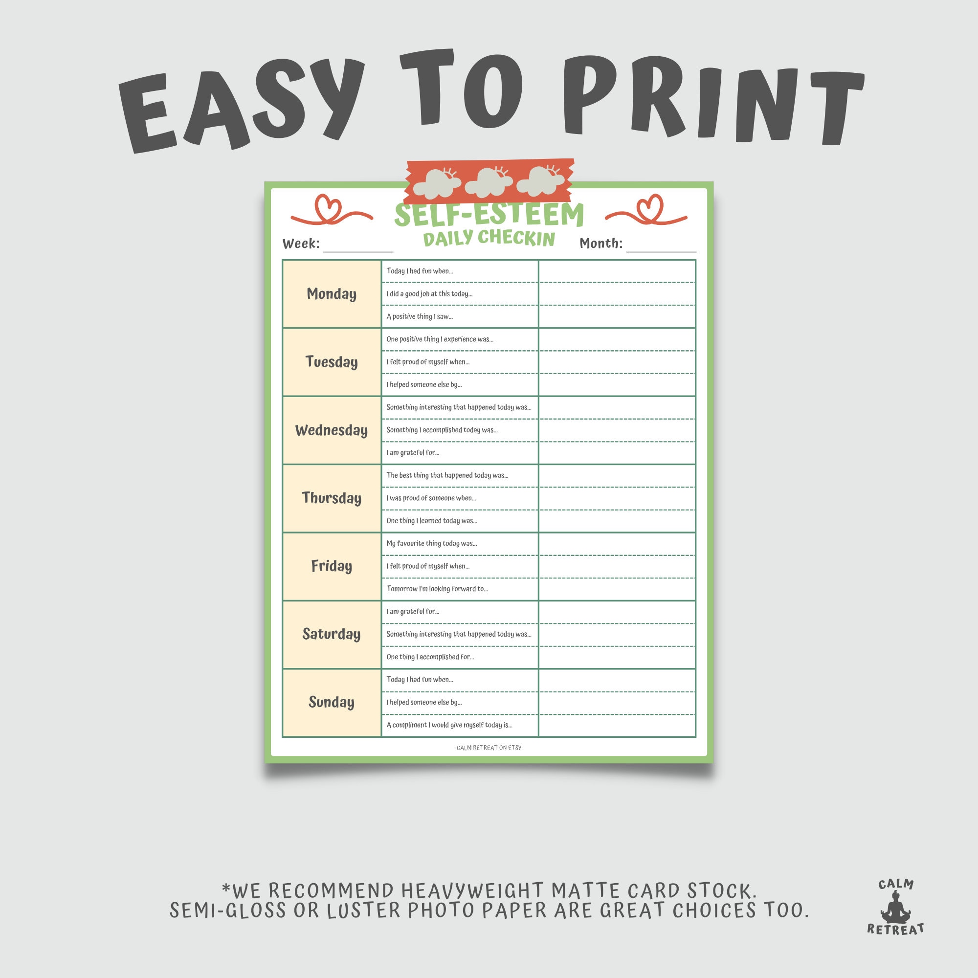 Self Esteem Daily Checkin Printable Fillable Worksheet for Kids and ...