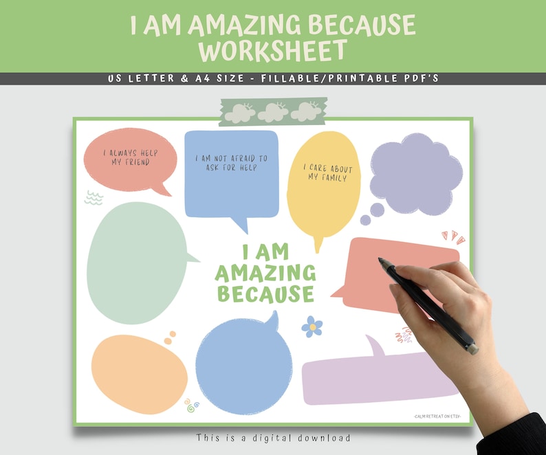 Self-esteem Fillable Worksheet, I Am Amazing Because PDF, Self-esteem ...