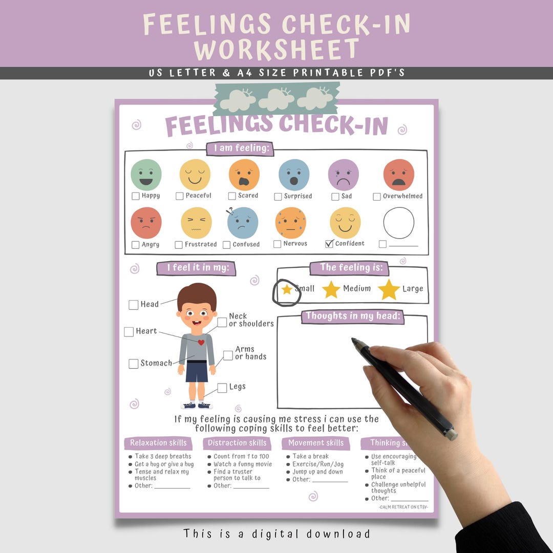 Feelings Check-in Worksheet for Kids: Emotions Emojis, SEL Therapy (PDF ...