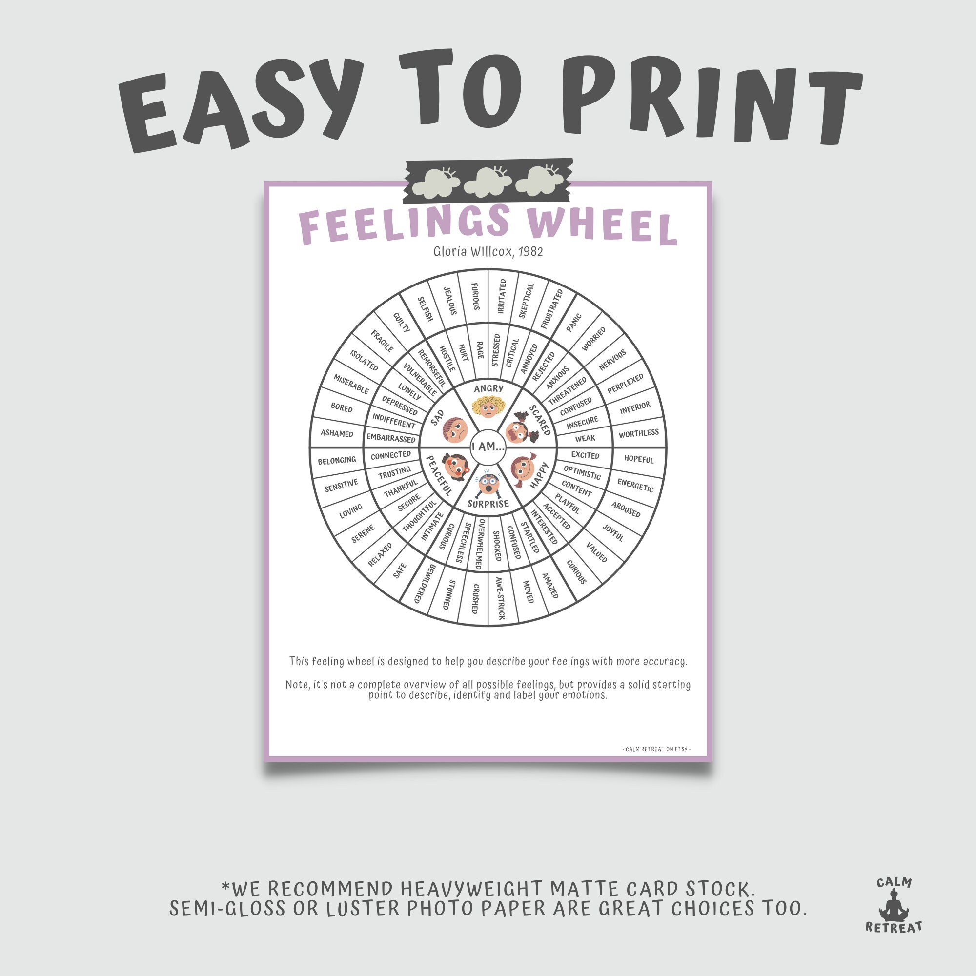Feelings Wheel Printable Set of 2 for Kids Teens, Coloring Emotions ...