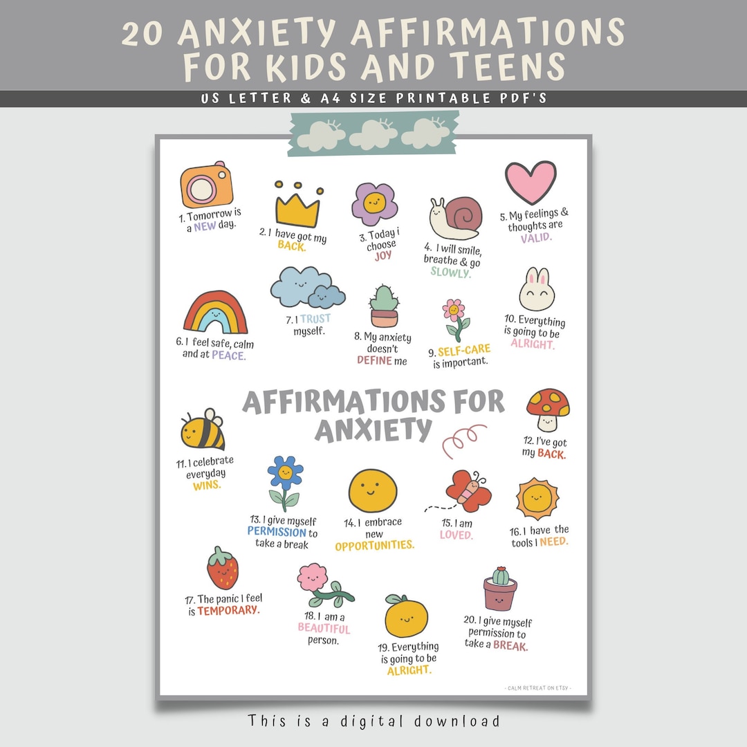 20 Anxiety Affirmations for Kids Teens, Stress Coping Print, Mental ...