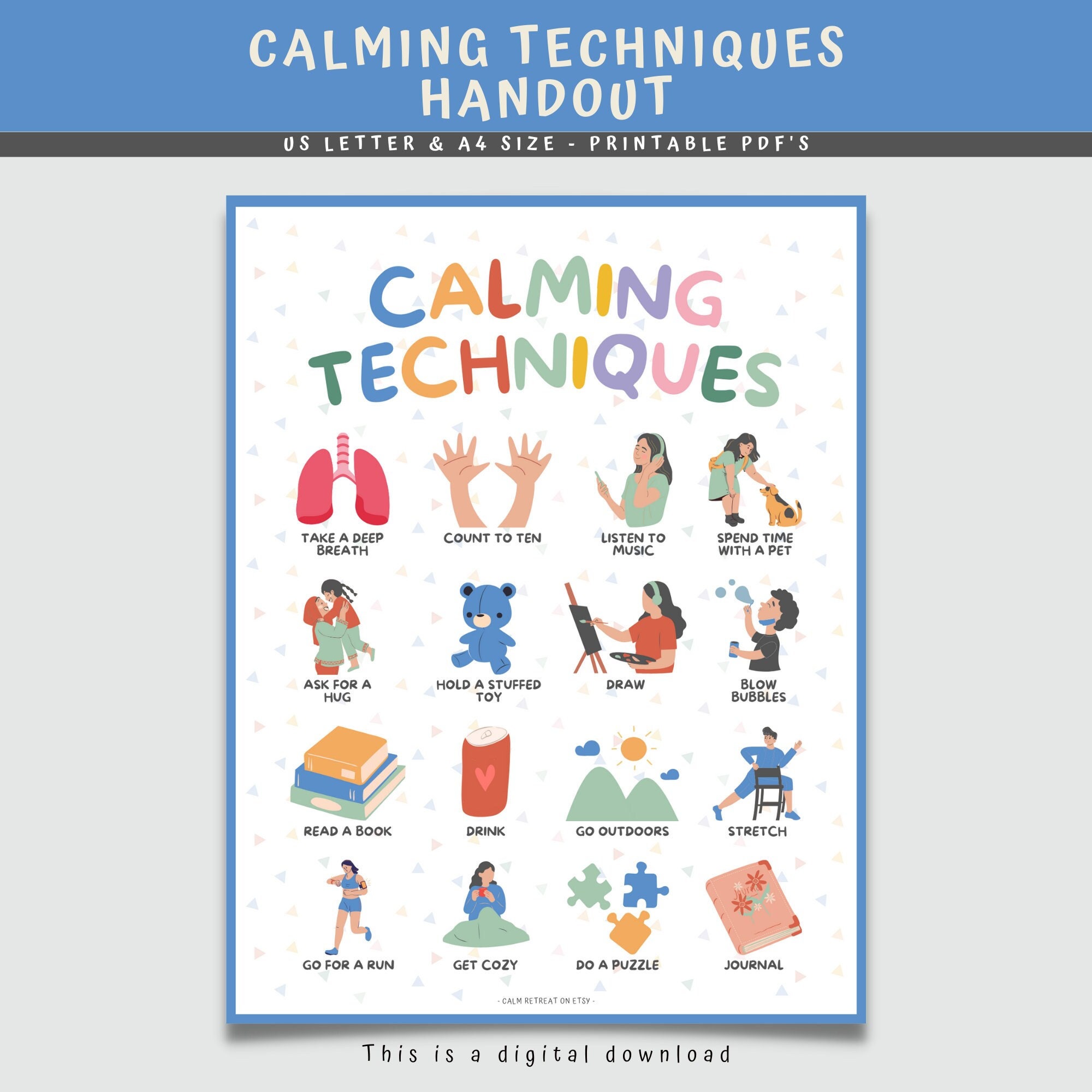 Calming Techniques Poster, Coping Techniques Wall Art for Kids, Calm ...