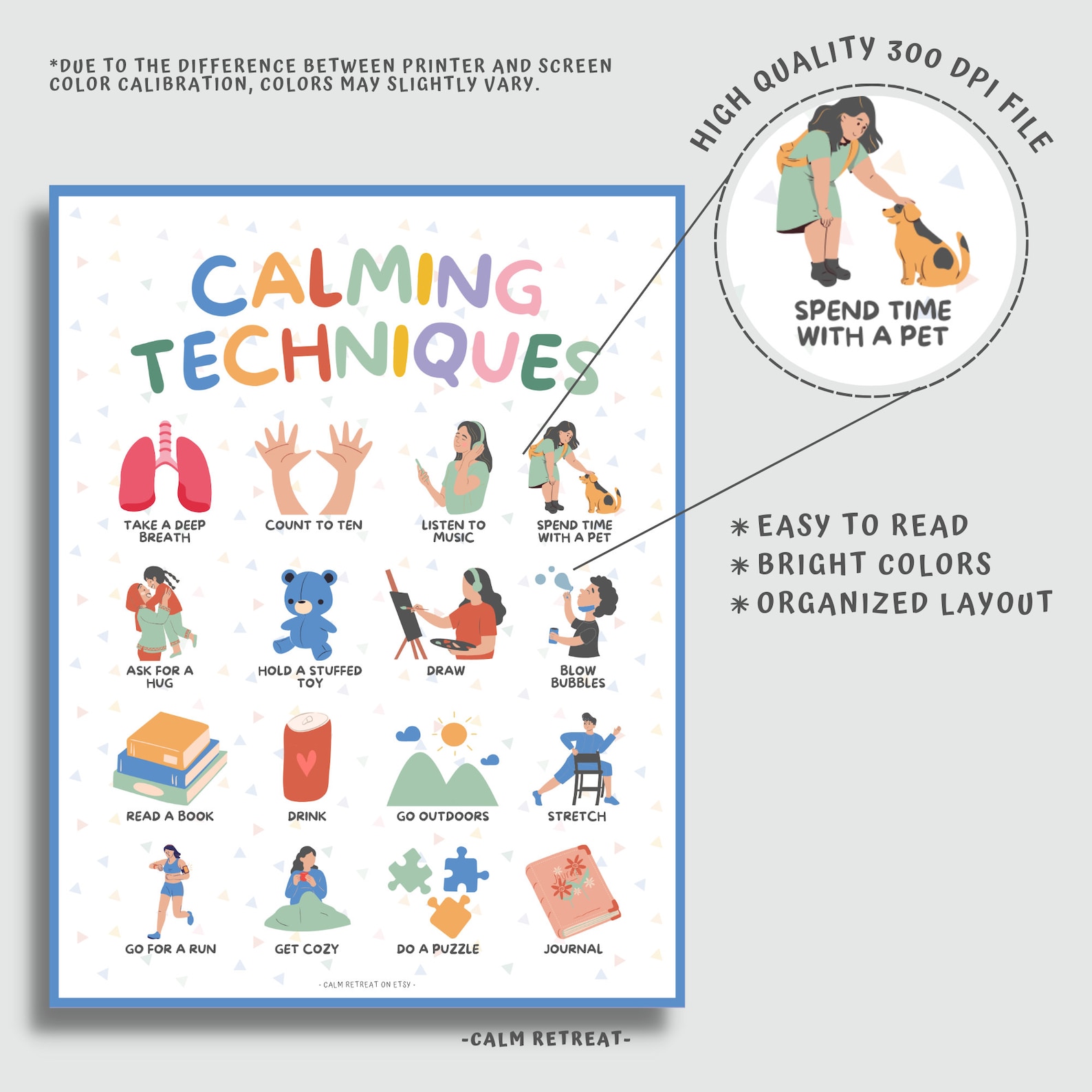 Calming Techniques Poster, Coping Techniques Wall Art for Kids, Calm ...