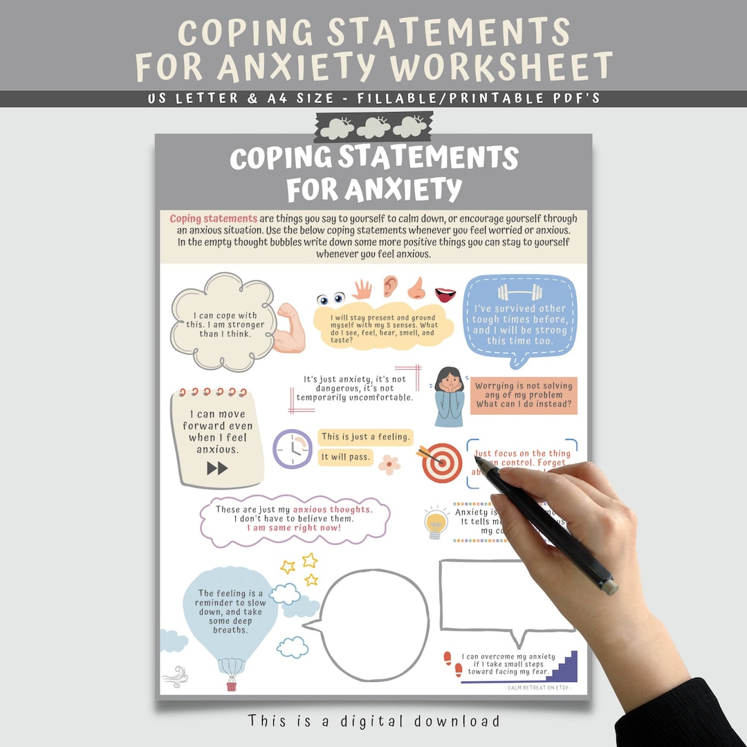 Anxiety Coping Statements Worksheet for Kids Teens, Anxiety Relief, CBT ...