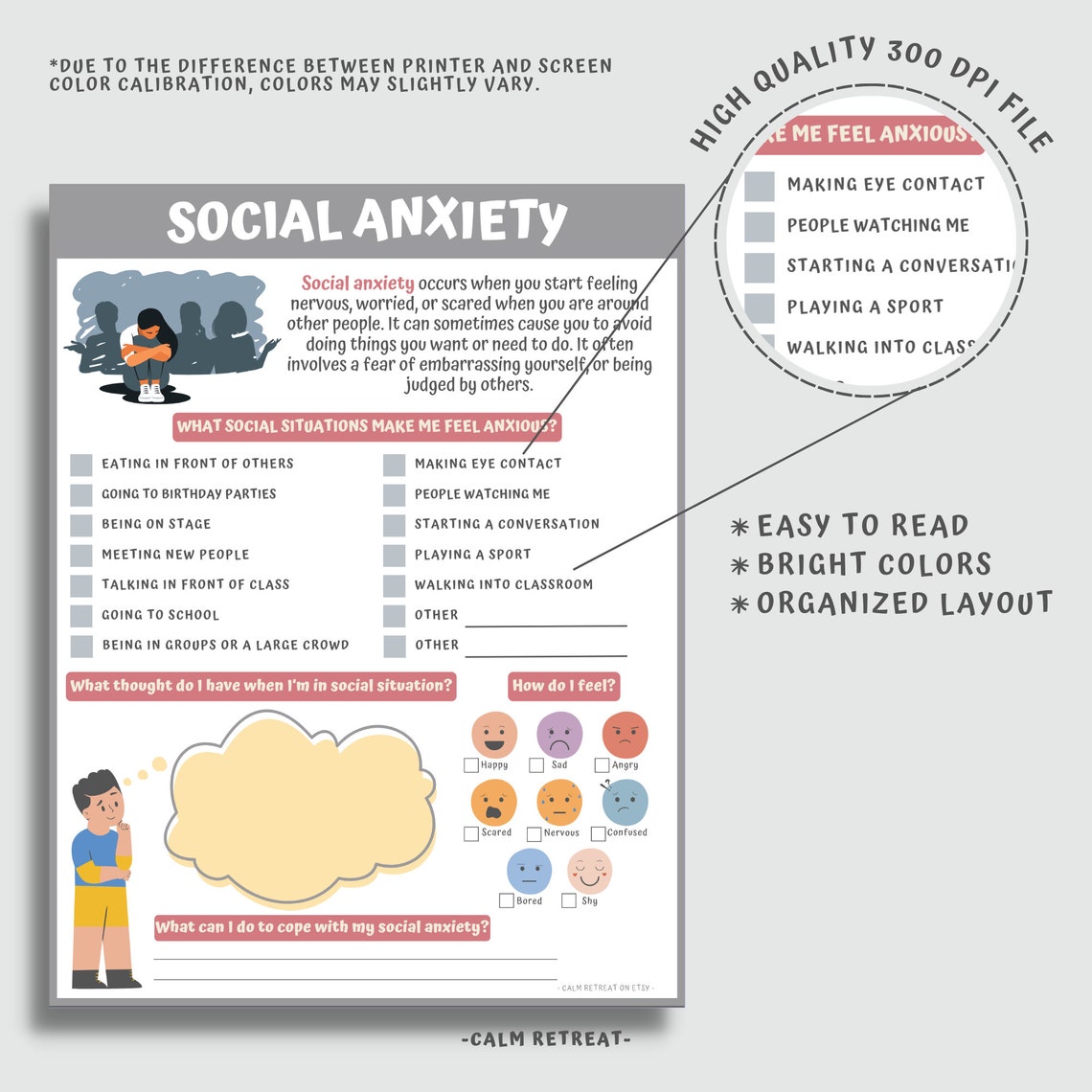 Social Anxiety Fillable Worksheet for Kids & Teens, Social Skills Group ...