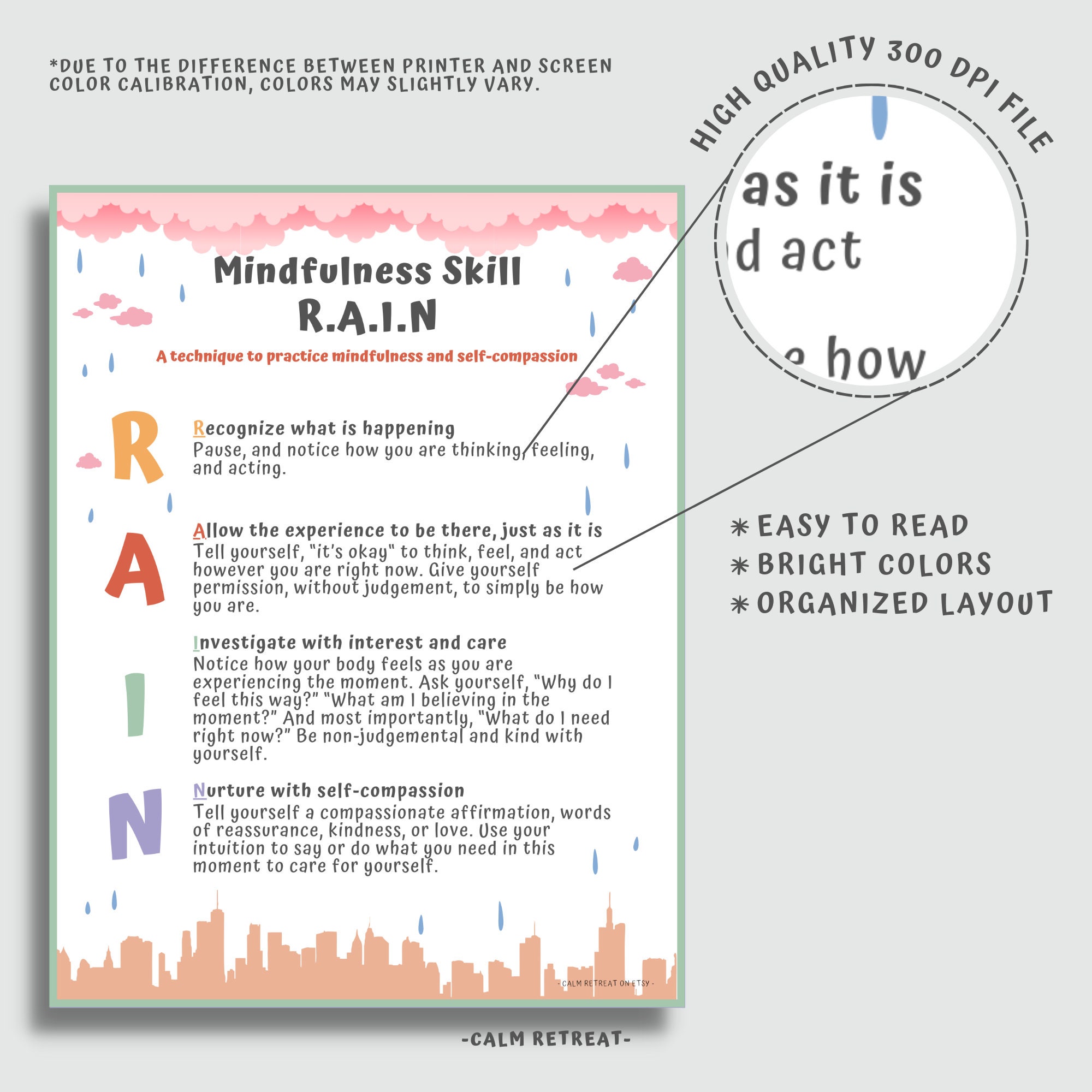 DBT RAIN Skill Handout: Emotion Regulation Therapy Poster (digital ...