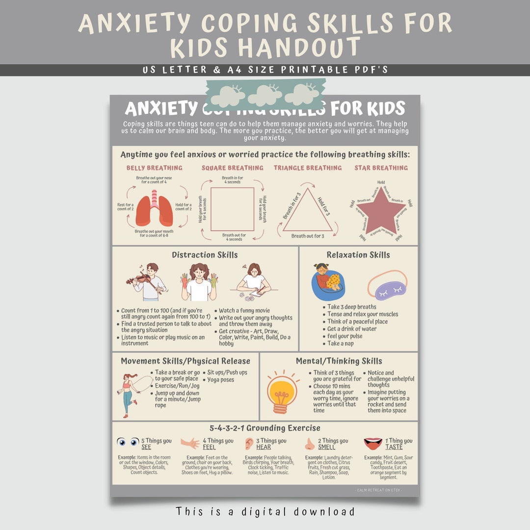 Anxiety Coping Skills Handout for Kids, Anxiety Awareness, Mental ...