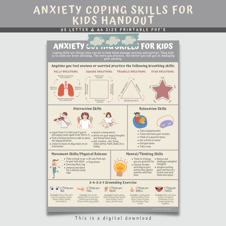 Anxiety Coping Skills Handout for Kids, Anxiety Awareness, Mental ...