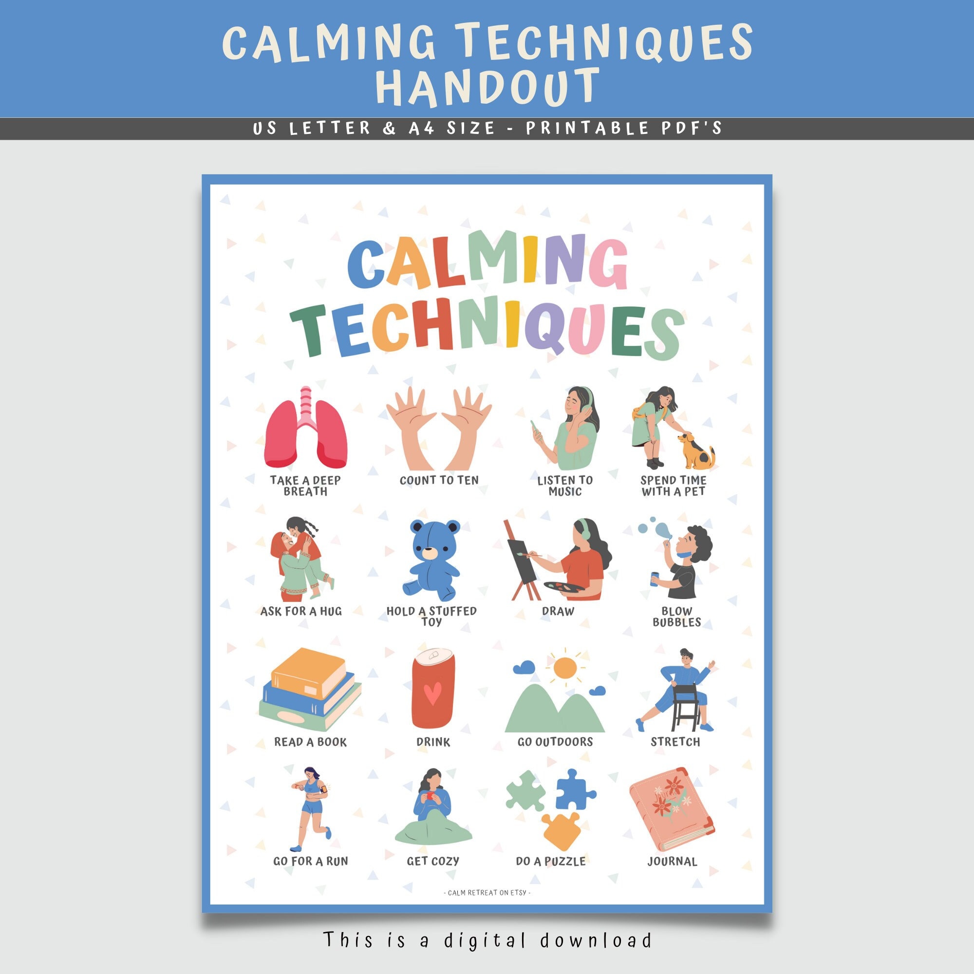 Calming Techniques Poster, Coping Techniques Wall Art for Kids, Calm ...