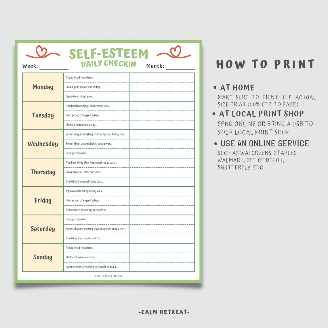 Self Esteem Daily Checkin Printable Fillable Worksheet for Kids and ...