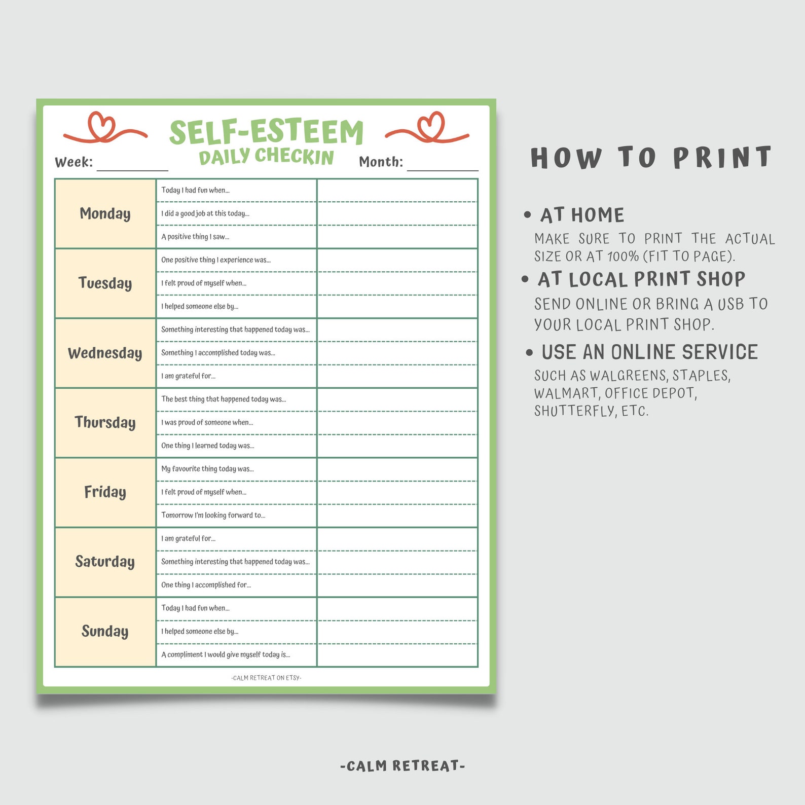 Self Esteem Daily Checkin Printable Fillable Worksheet for Kids and ...