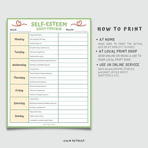 Self Esteem Daily Checkin Printable Fillable Worksheet for Kids and ...