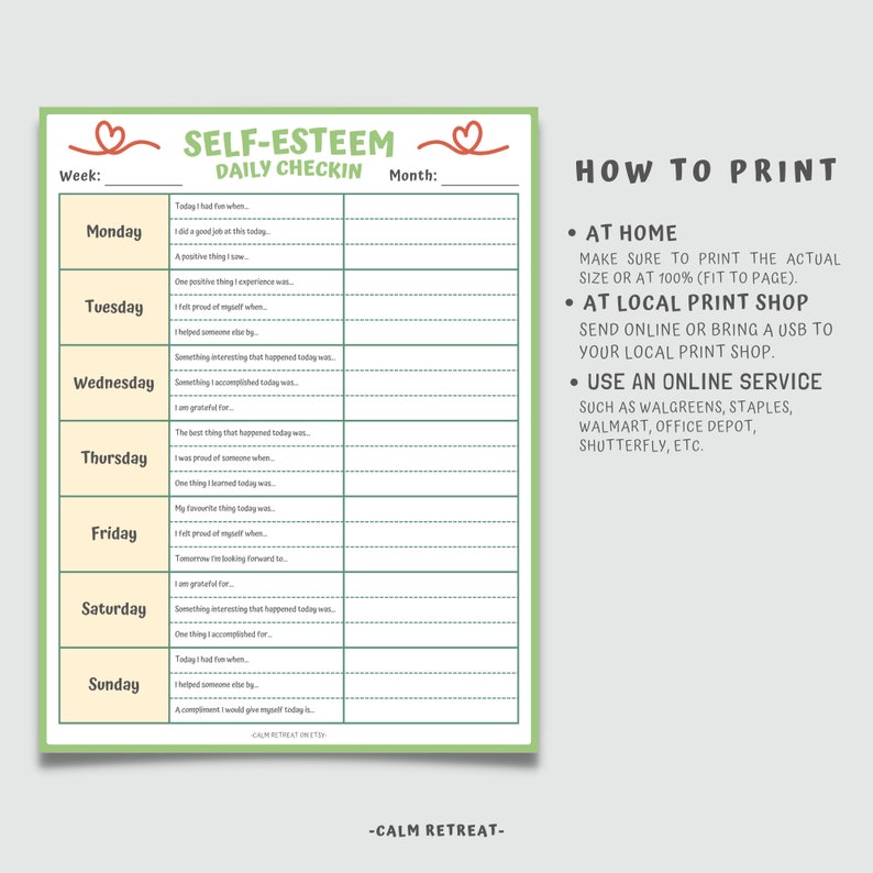 Self Esteem Daily Checkin Printable Fillable Worksheet for Kids and ...