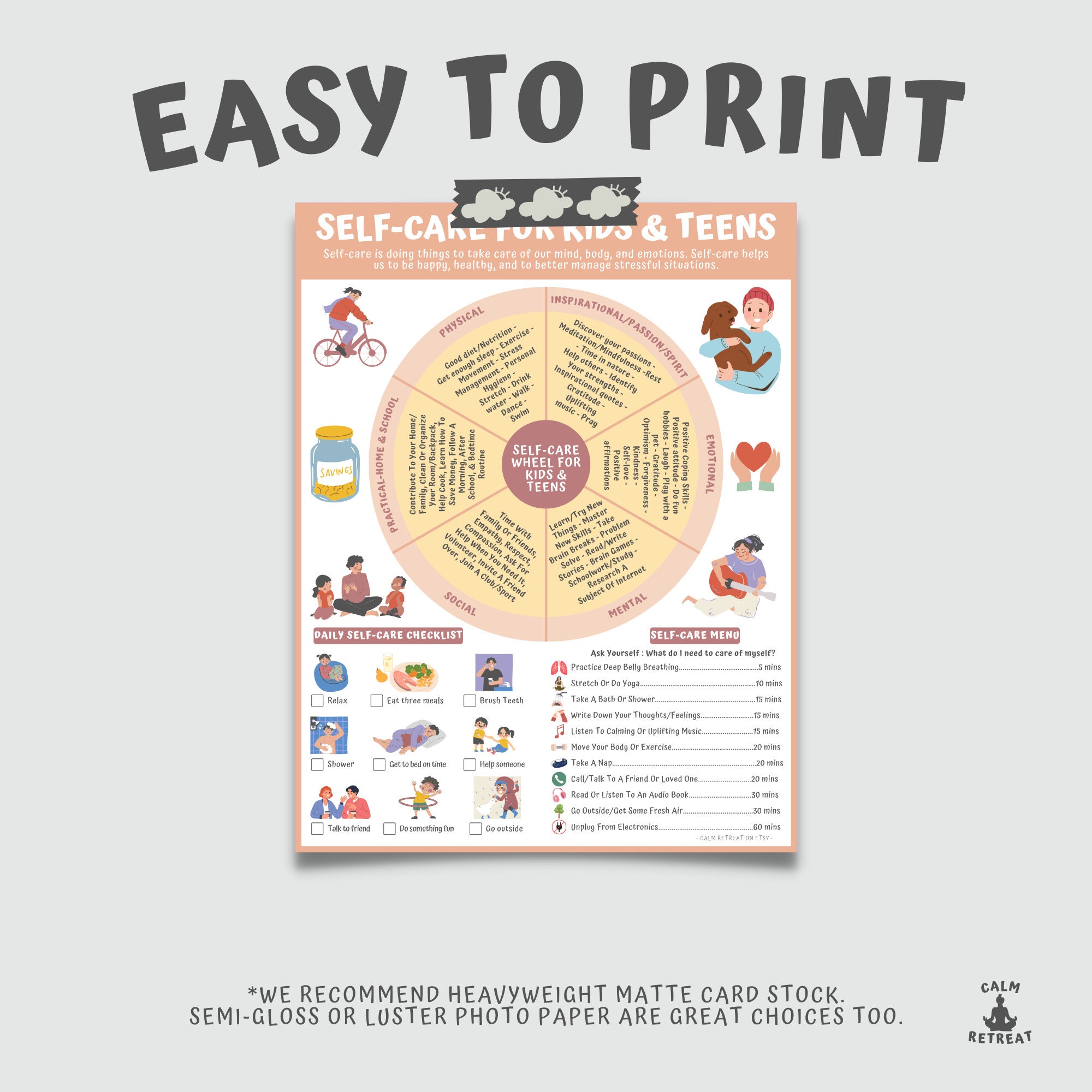 Self-care for Kids and Teens Printable Handout, Coping Skills, Mental ...