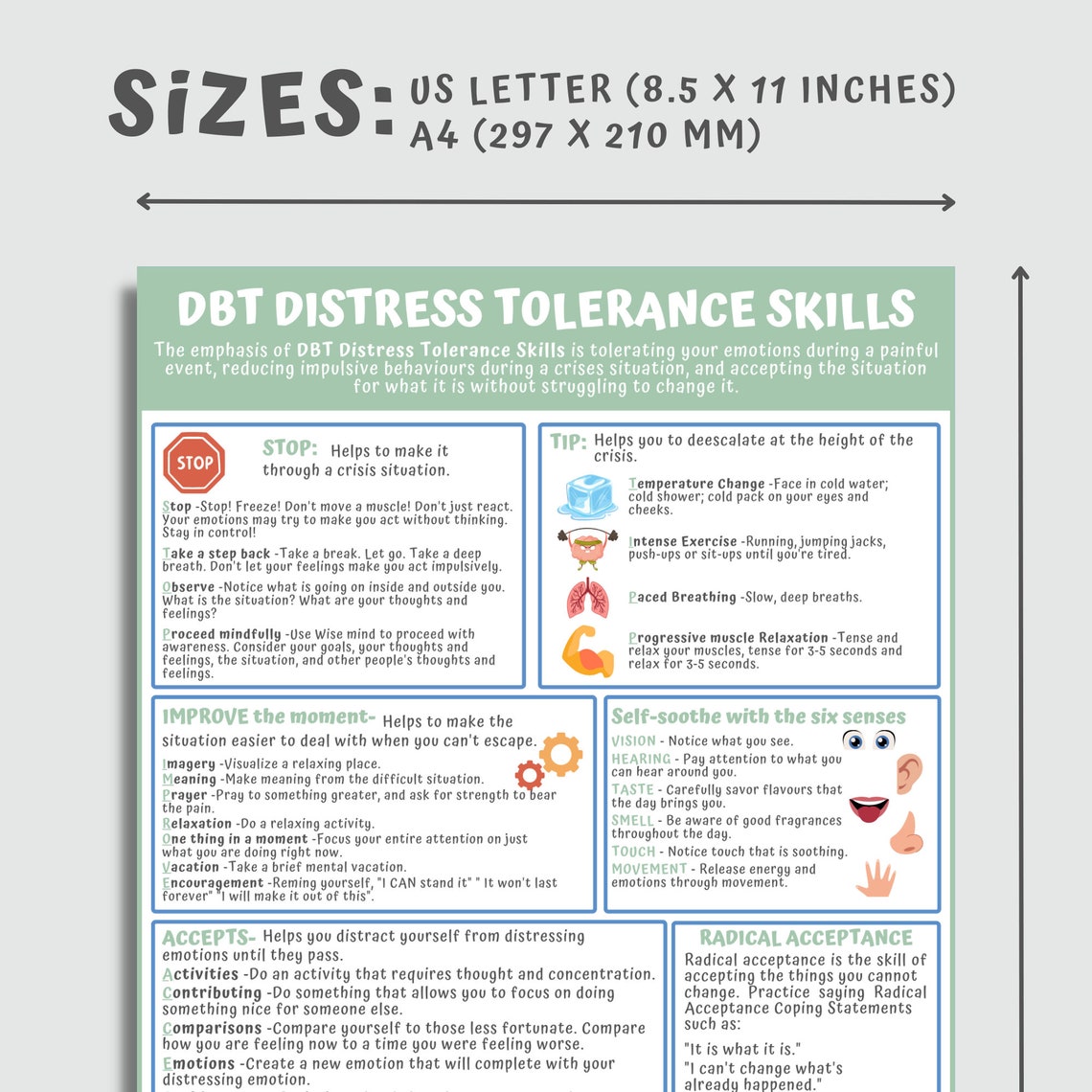 DBT Distress Tolerance Coping Skills Handout Poster, Dialectical ...